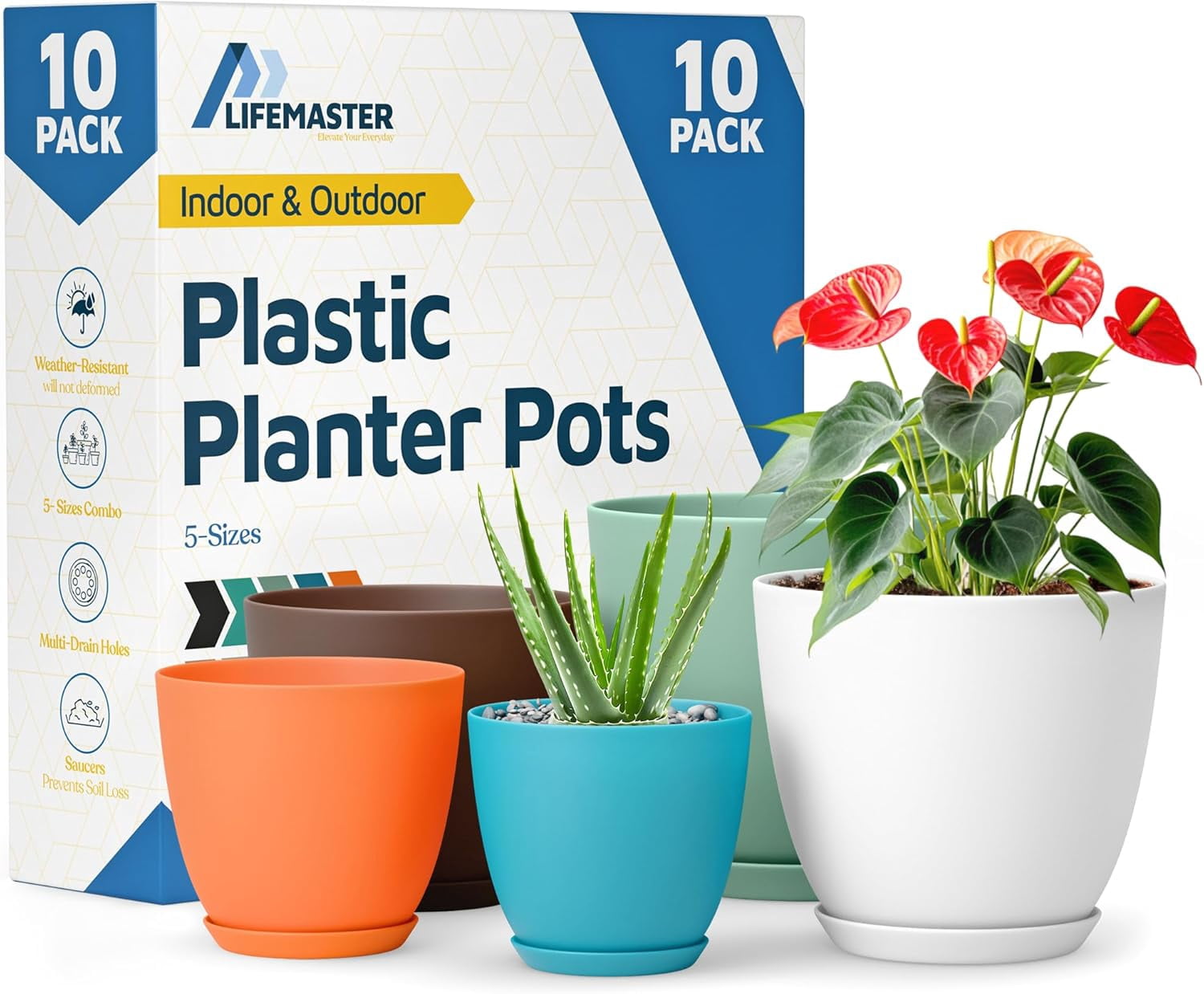 Multicolor Plant Pots with Drainage Holes & Saucers 10 Packs, Indoor ...