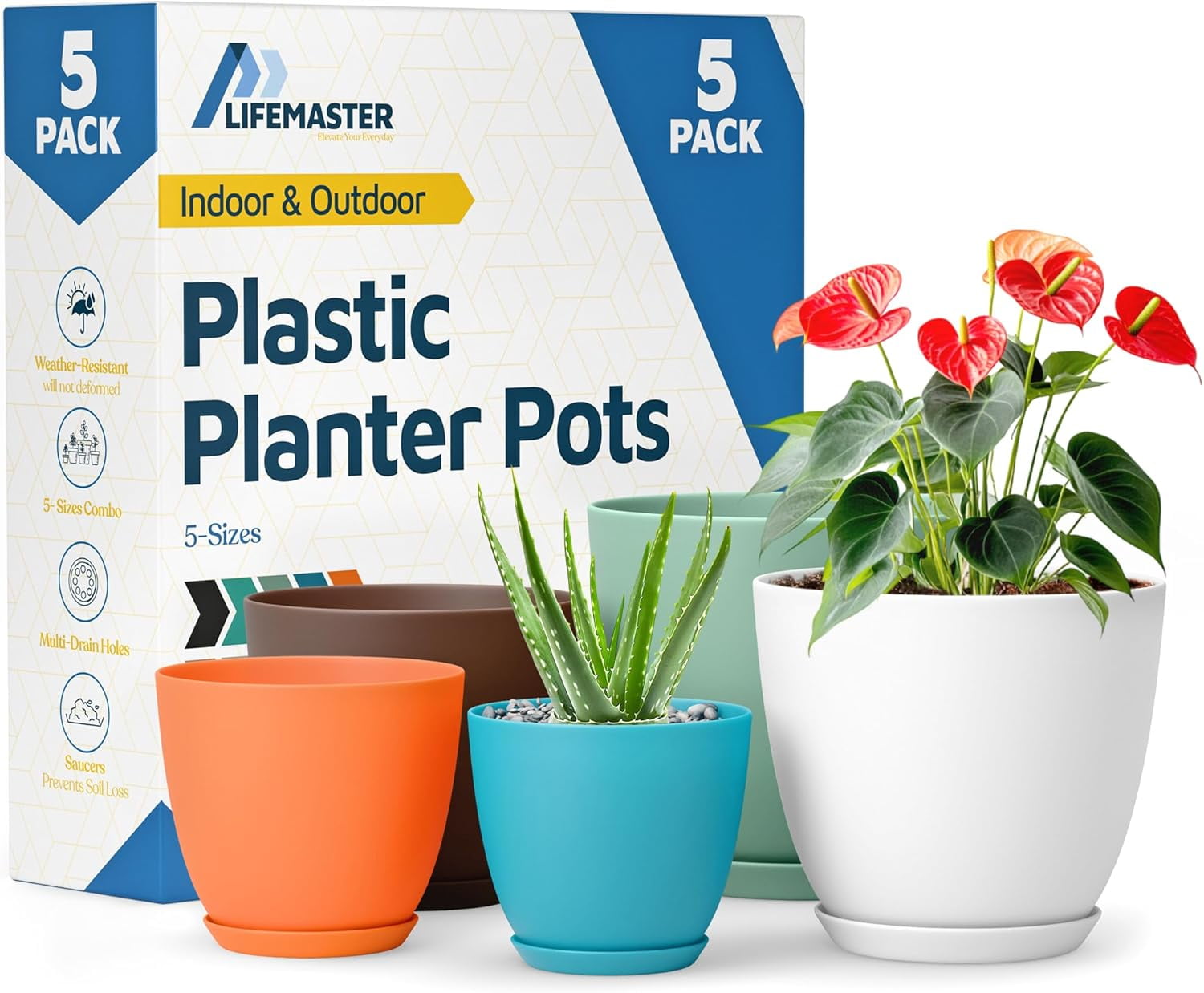Multicolor Plant Pots with Drainage Holes & Saucers 5 Packs, Indoor ...