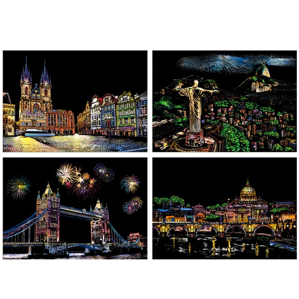 Multicolor Scratch Art Paper Set Colorful Urban Night Scene Painting ...