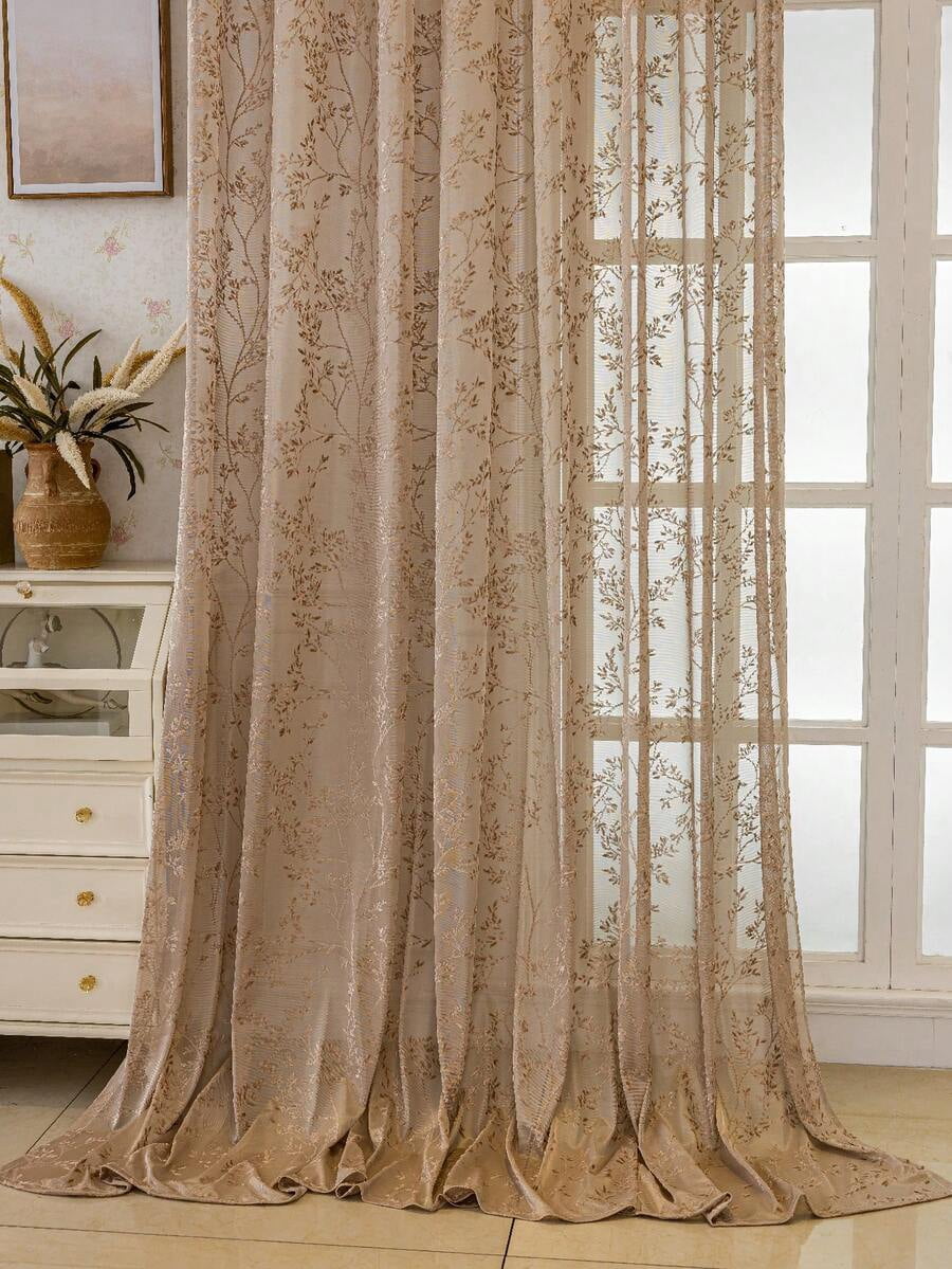 Multicolor Sheer Linen Gauze Curtain Panel - Floral Branch Print, Rod ...