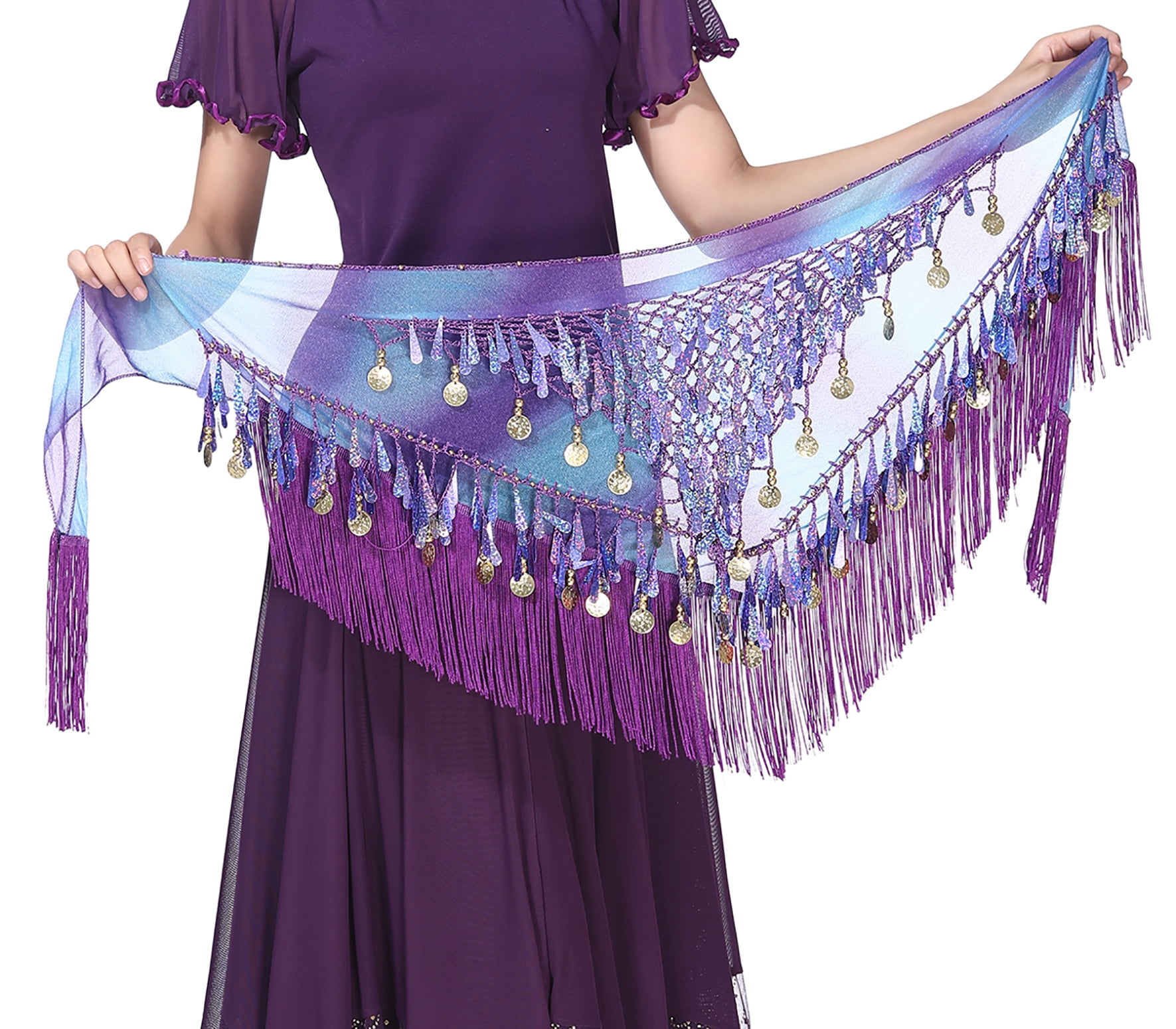 Multicolor Triangle Chiffon Dangling Gold Coins Belly Dance Hip Scarf ...