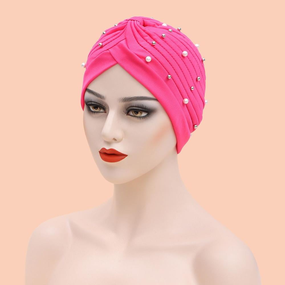 Multicolor Women Pearl Beaded Arab Wrap Head Solid Folds Muslim Turban ...