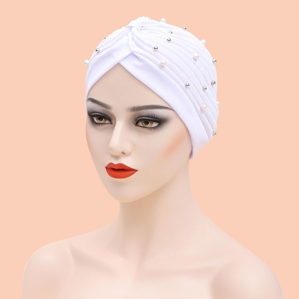 Multicolor Women Pearl Beaded Arab Wrap Head Solid Folds Muslim Turban ...
