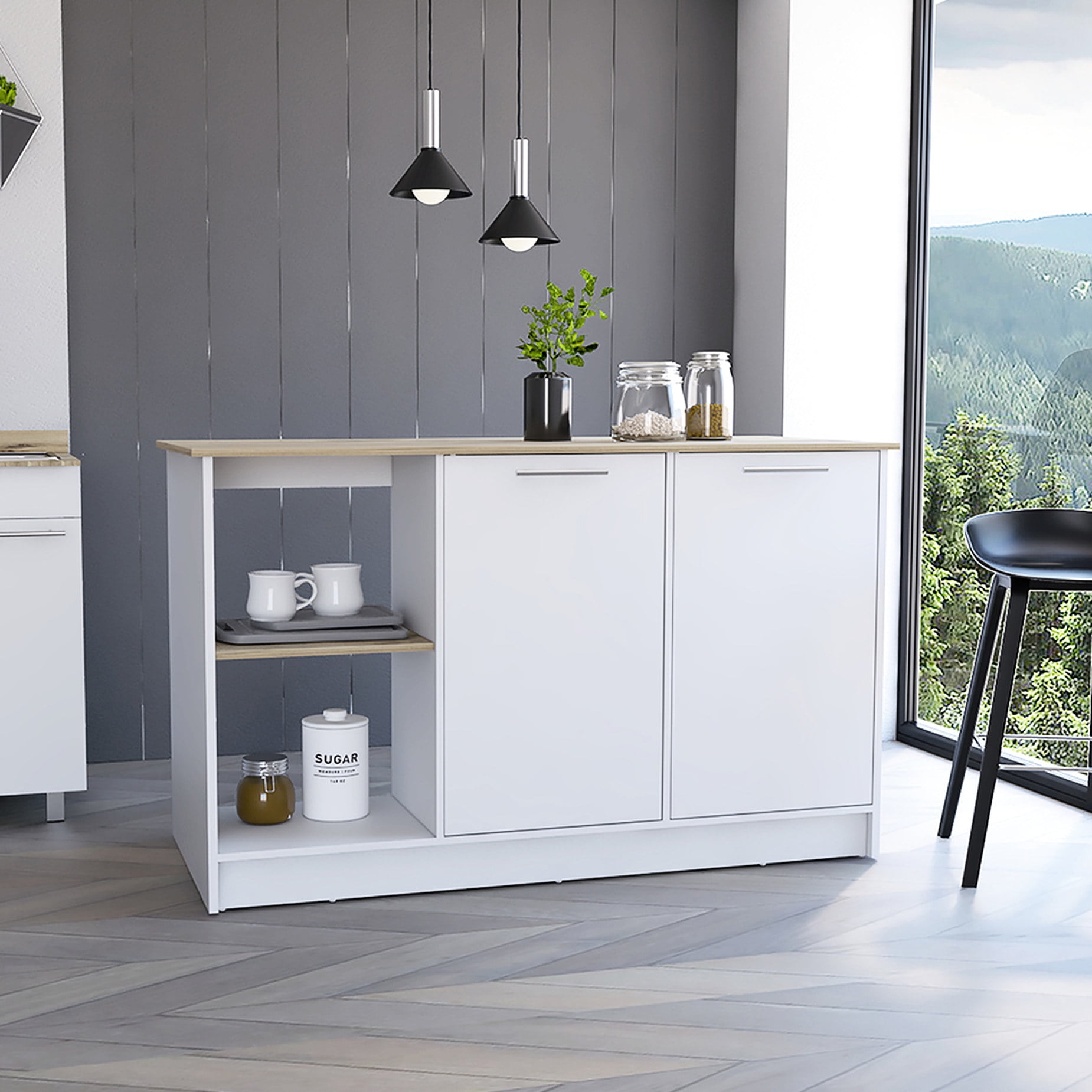 Multicolor stationary kitchen island four open shelves two cabinets ...