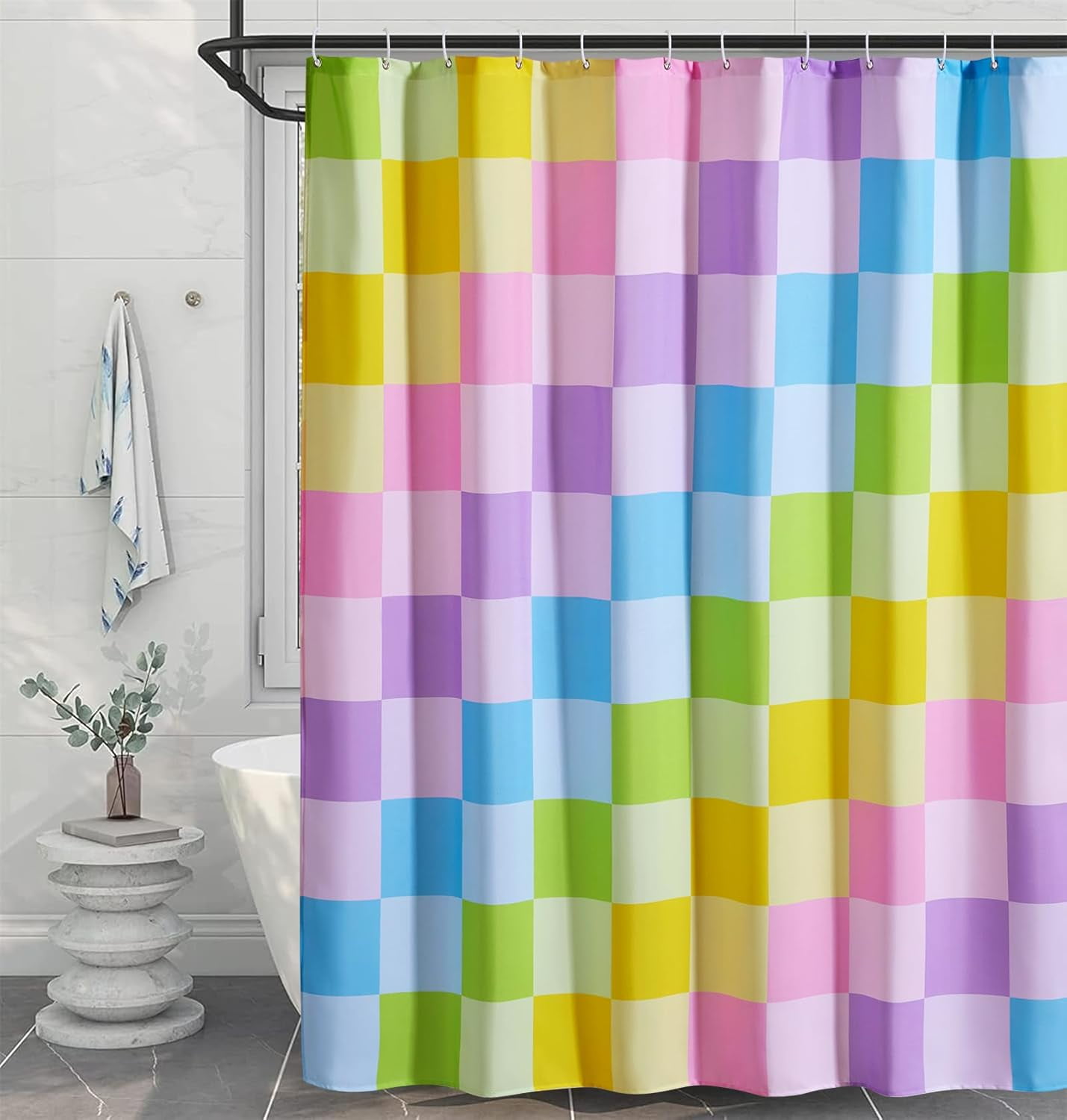 Multicolored Checkered Retro Fabric Shower Curtain for Bathroom, Heavy ...