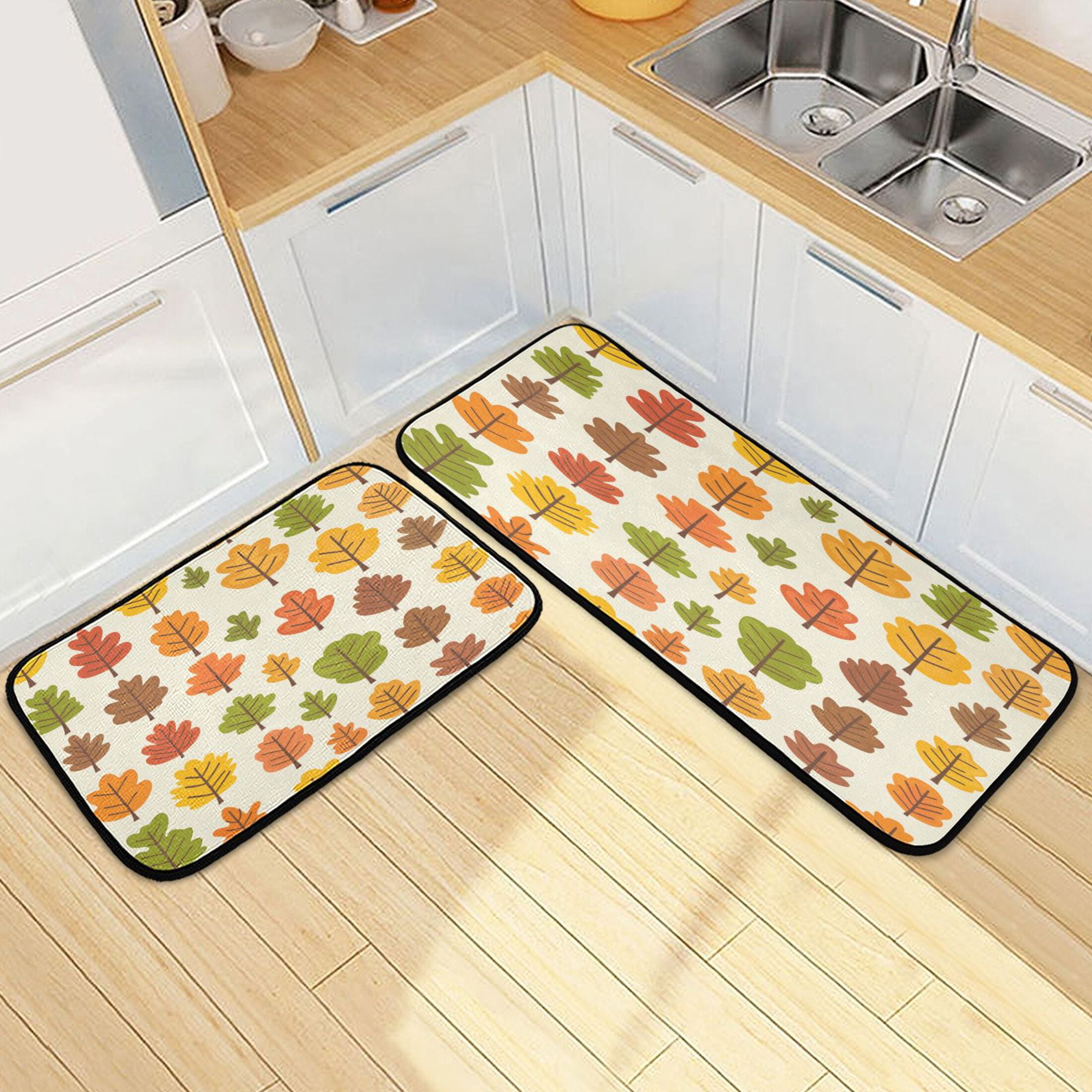 Multicolored Leaves Pattern 2 Piece Non Slip Kitchen Mat Set with Soft ...
