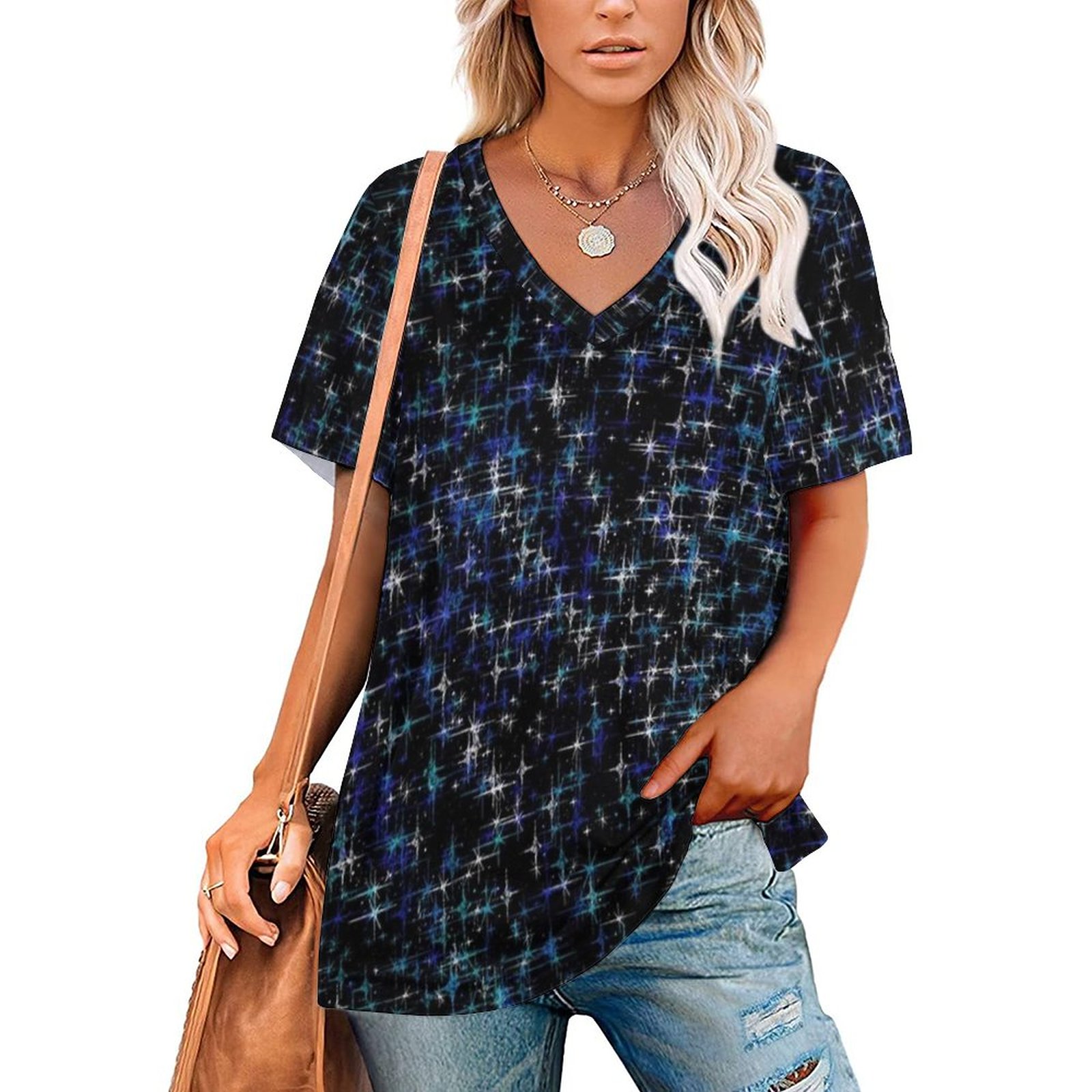 Multicolour Starry Sky New Fashion Zip Off Shoulder Top Short-Sleeve ...