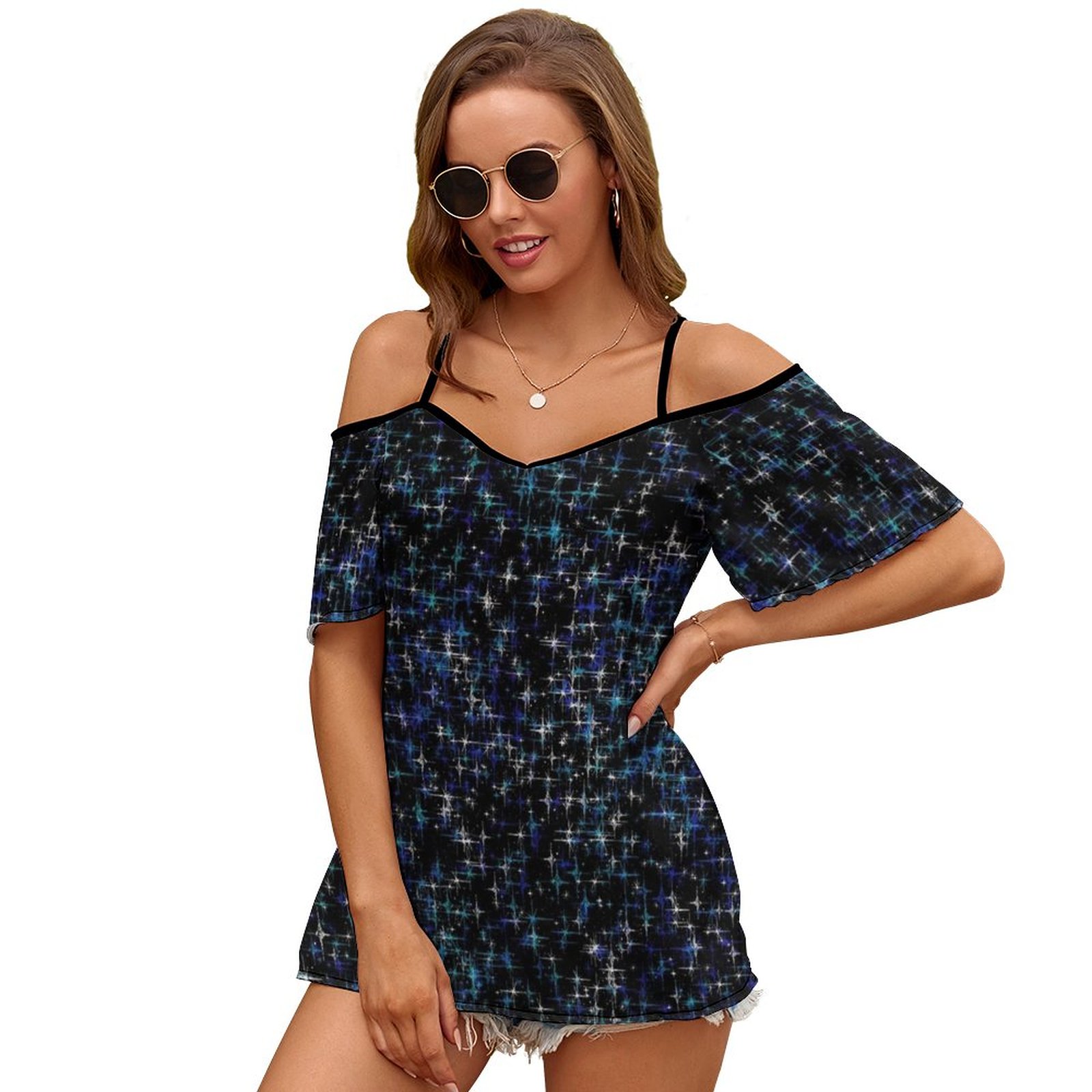 Multicolour Starry Sky New Fashion Zip Off Shoulder Top Short-Sleeve ...