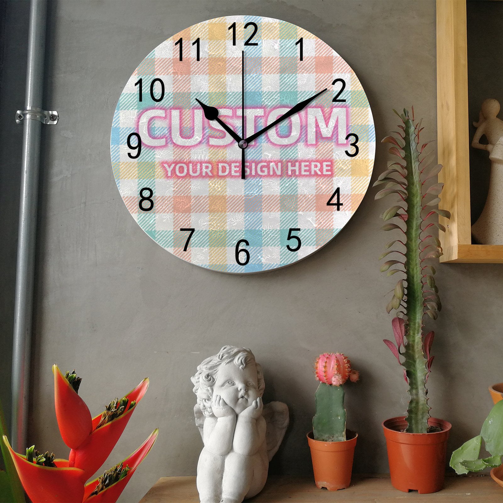 Multicoloured Gingham Plaid Round Wall Clock 10 Inch, Silent Non ...