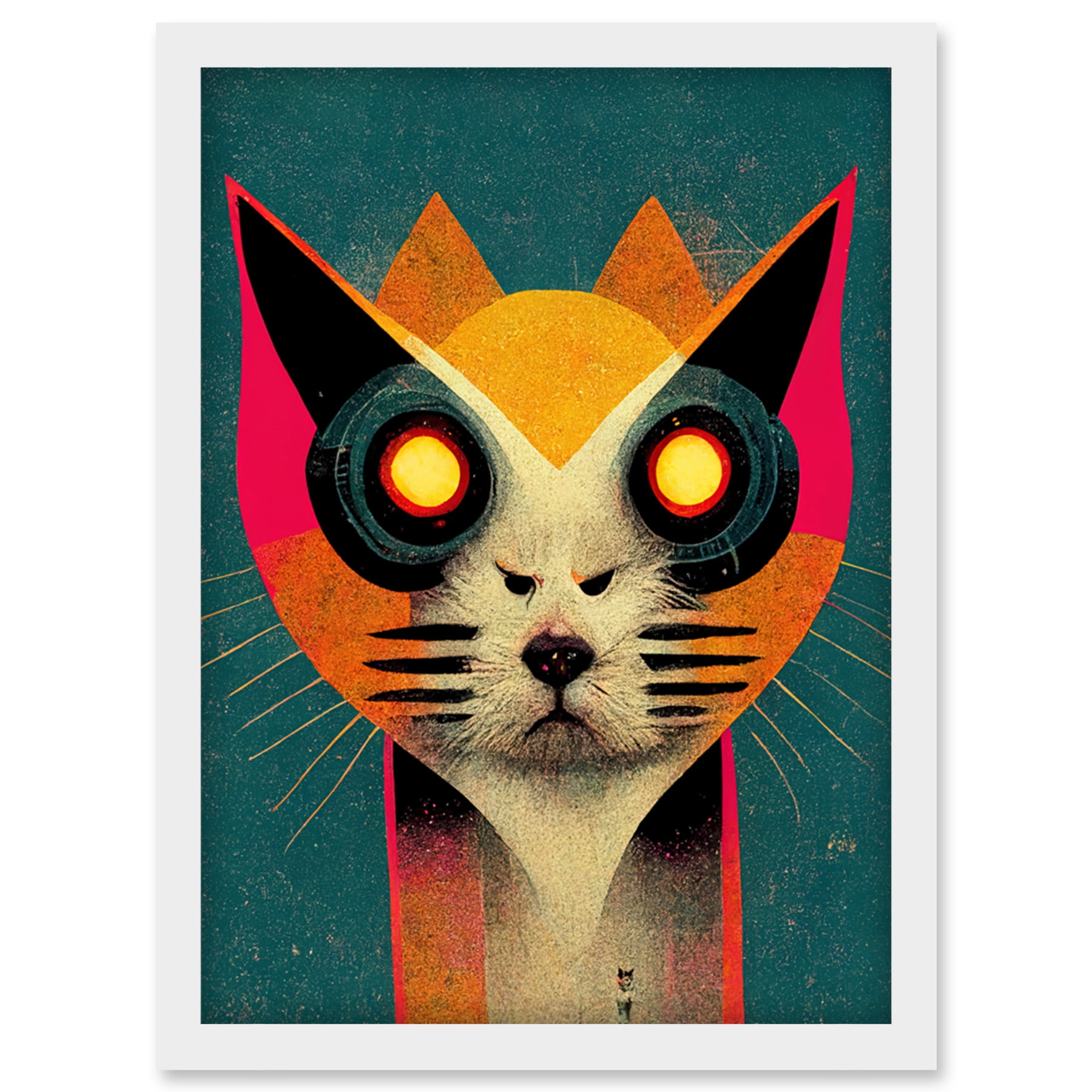 Multicoloured Retro Cyborg Cat Hybrid In Teal Background Artwork Framed ...