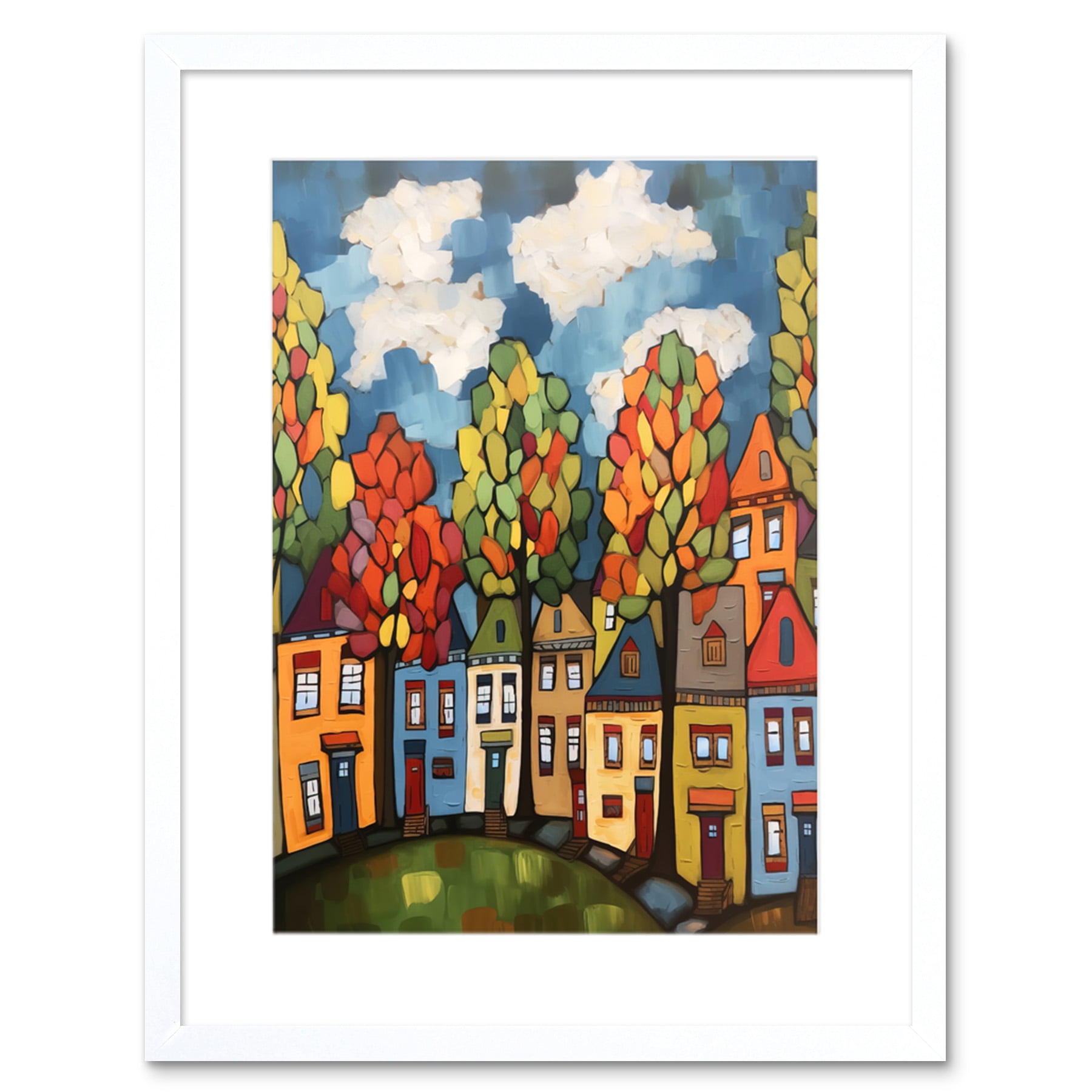 Multicoloured Row Of Houses With Autumn Trees Contemporary Folk Art ...