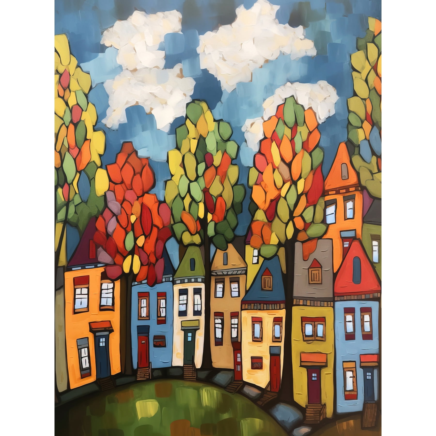 Multicoloured Row of Houses with Autumn Trees Contemporary Folk Art ...