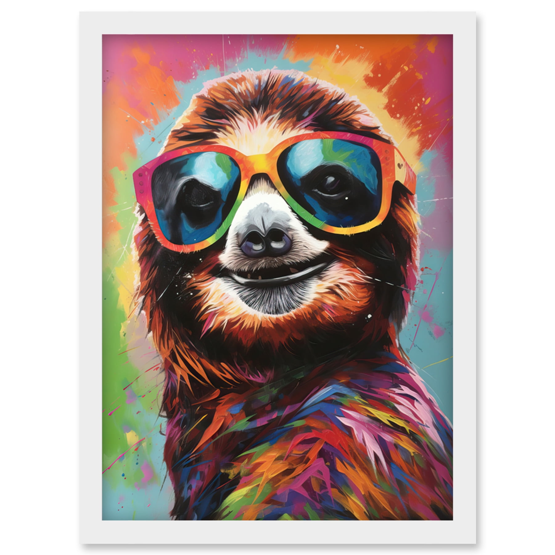 Multicoloured Smiling Sloth Wearing Sunglasses Artwork Framed Wall Art ...