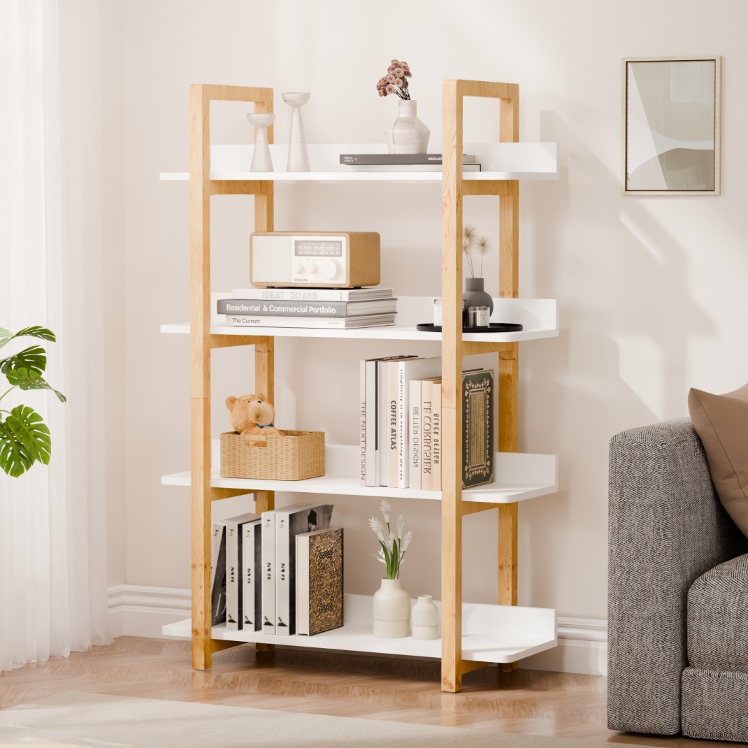 Multifuction Bookcase with Solid Wood Frame, 4 Tier Bookshelves, Home ...