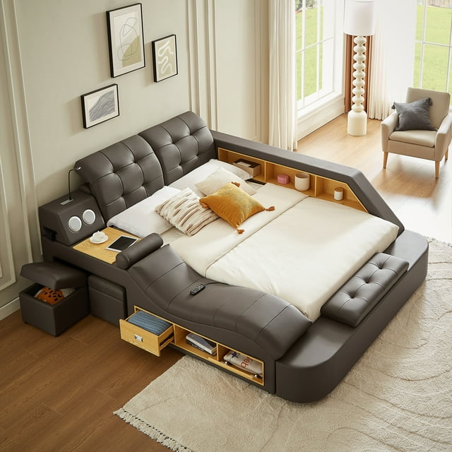 Multifunction Smart King Bed Frame, Upholstered Platform with Massage ...