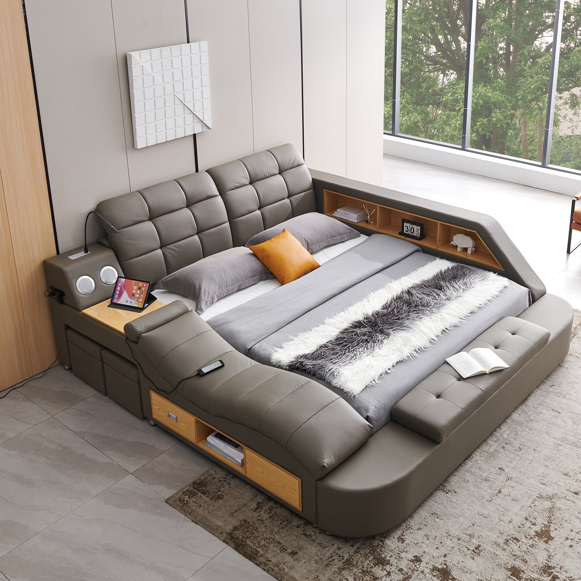 Multifunction Smart King Bed Frame, Upholstered Platform with Massage ...