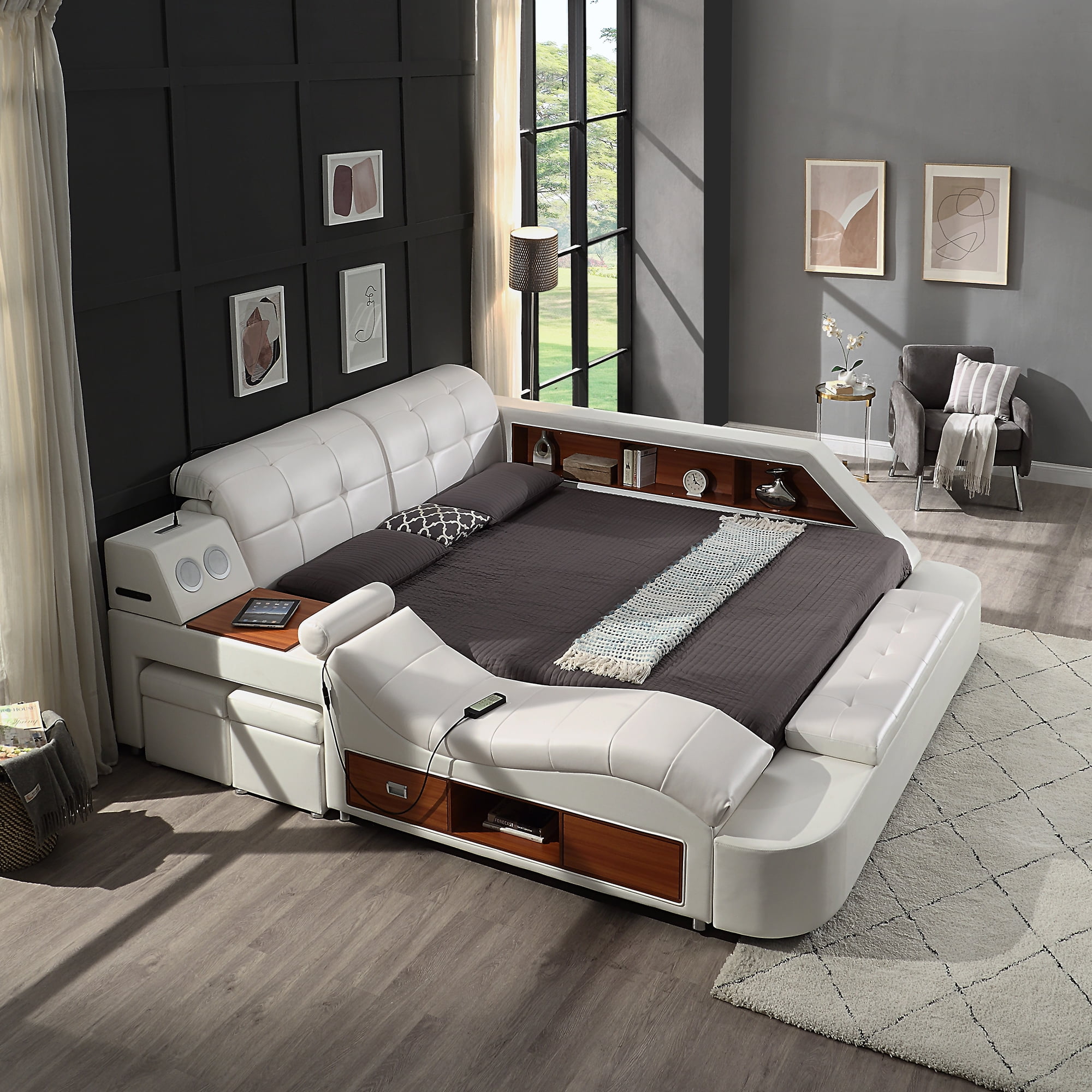 Multifunction Smart King Bed Frame, Upholstered Platform with Massage ...