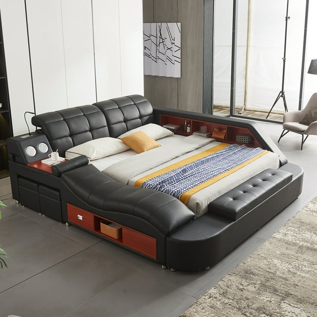 Multifunction Smart King Bed Frame, Upholstered Platform with Massage ...