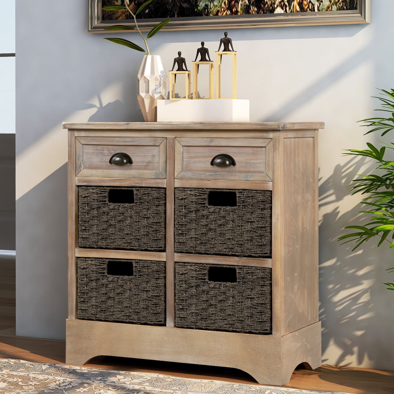 Multifunction Storage Cabinet, Farmhouse Wicker Baskets Storage Cabinet ...