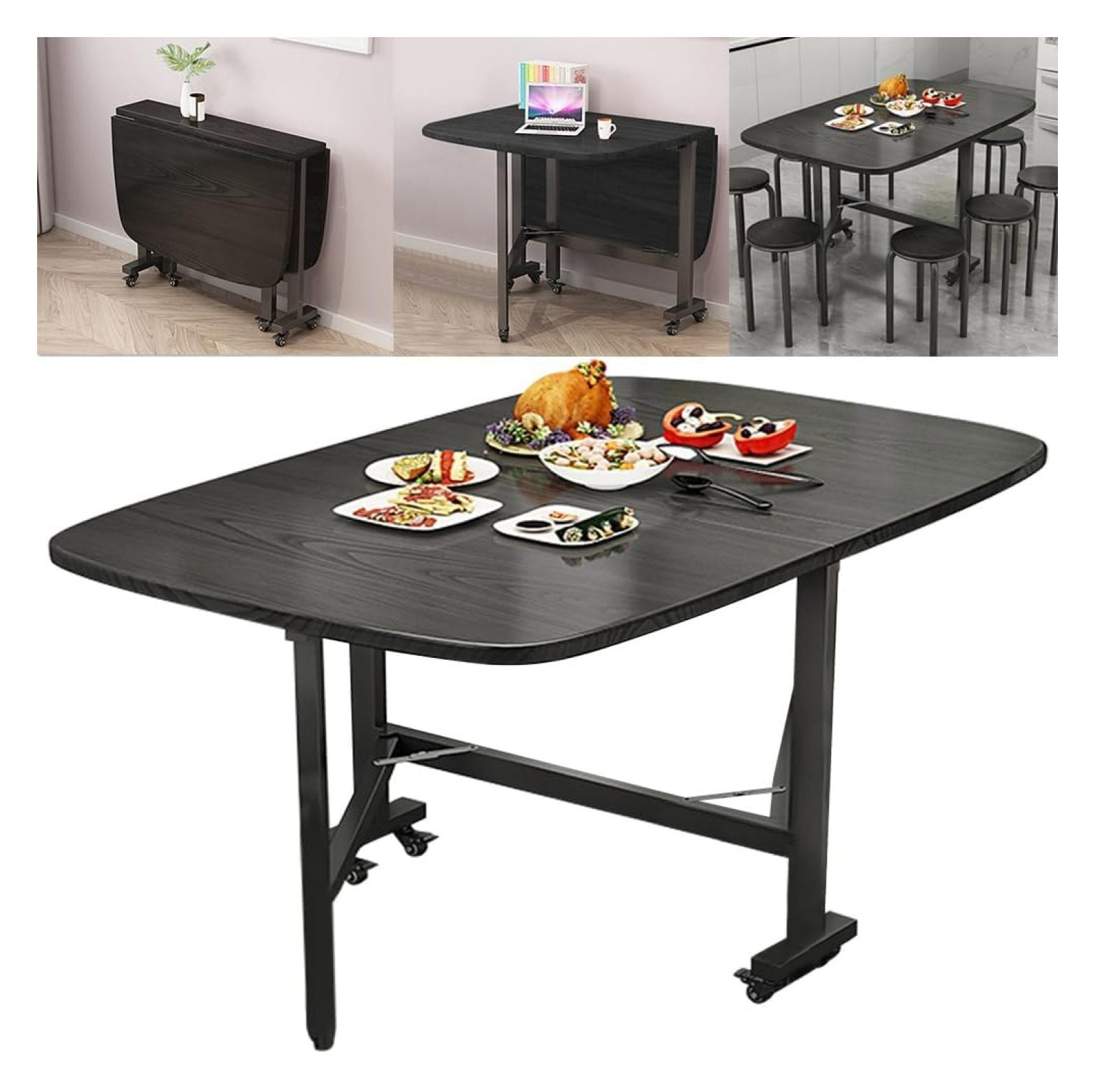 Multifunction Table Drop Leaf Dining Table - 47" Solid Wooden Foldable ...
