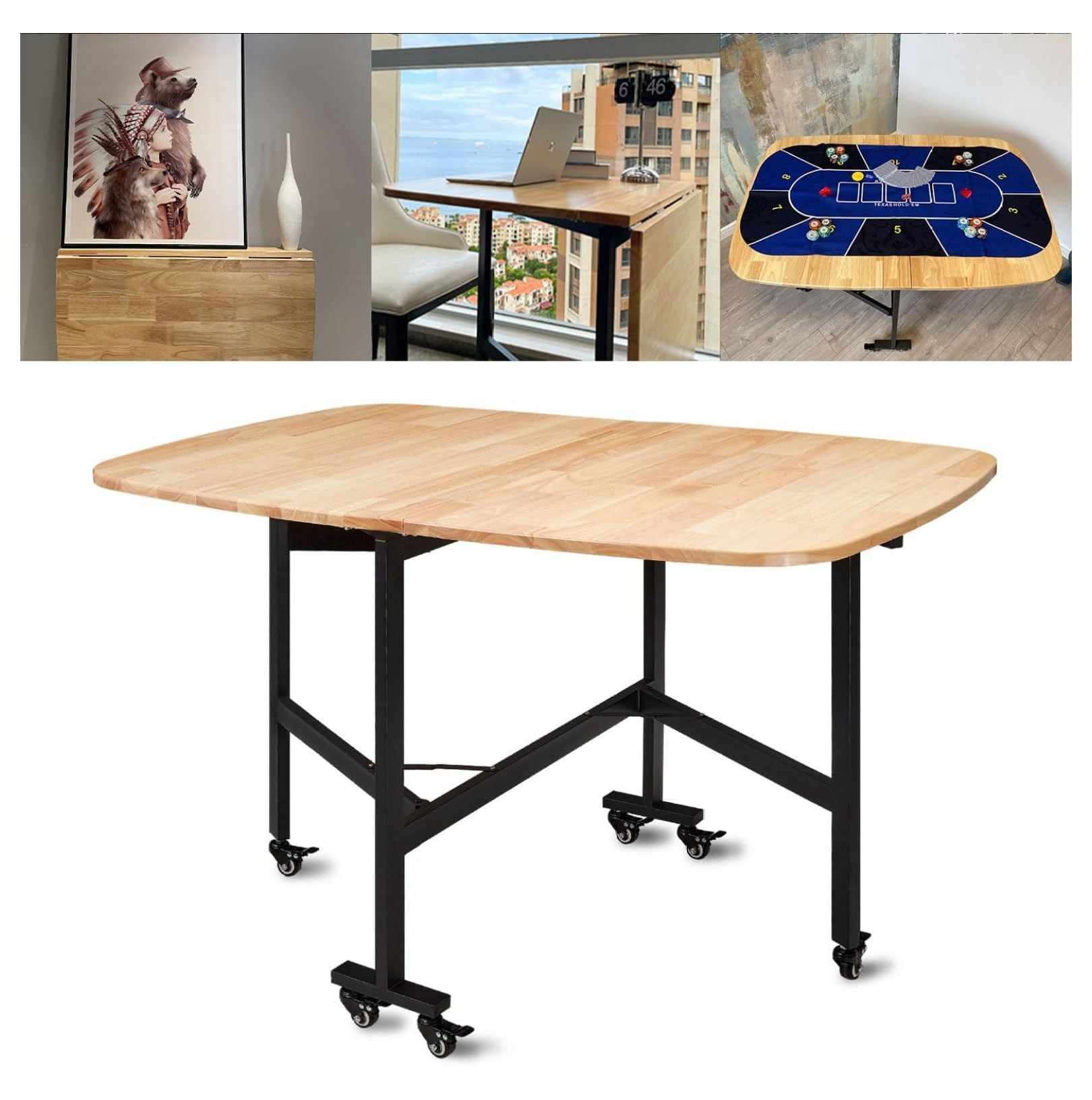 Multifunction Table Drop Leaf Dining Table - 47" Solid Wooden Foldable ...