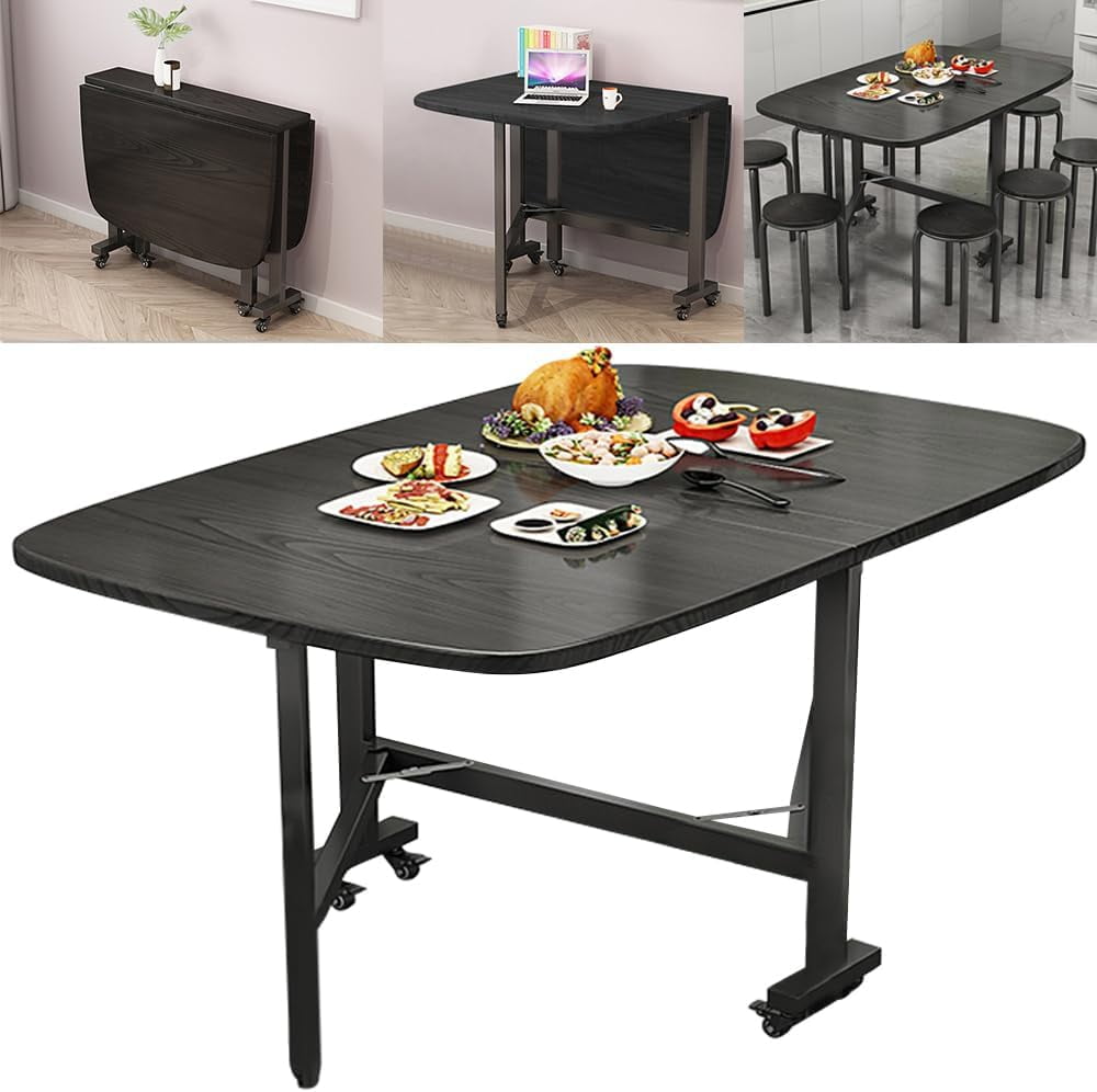 Multifunction Table Drop Leaf Dining Table - 47" Wooden Foldable Kitchen Table with 6 Wheels ...