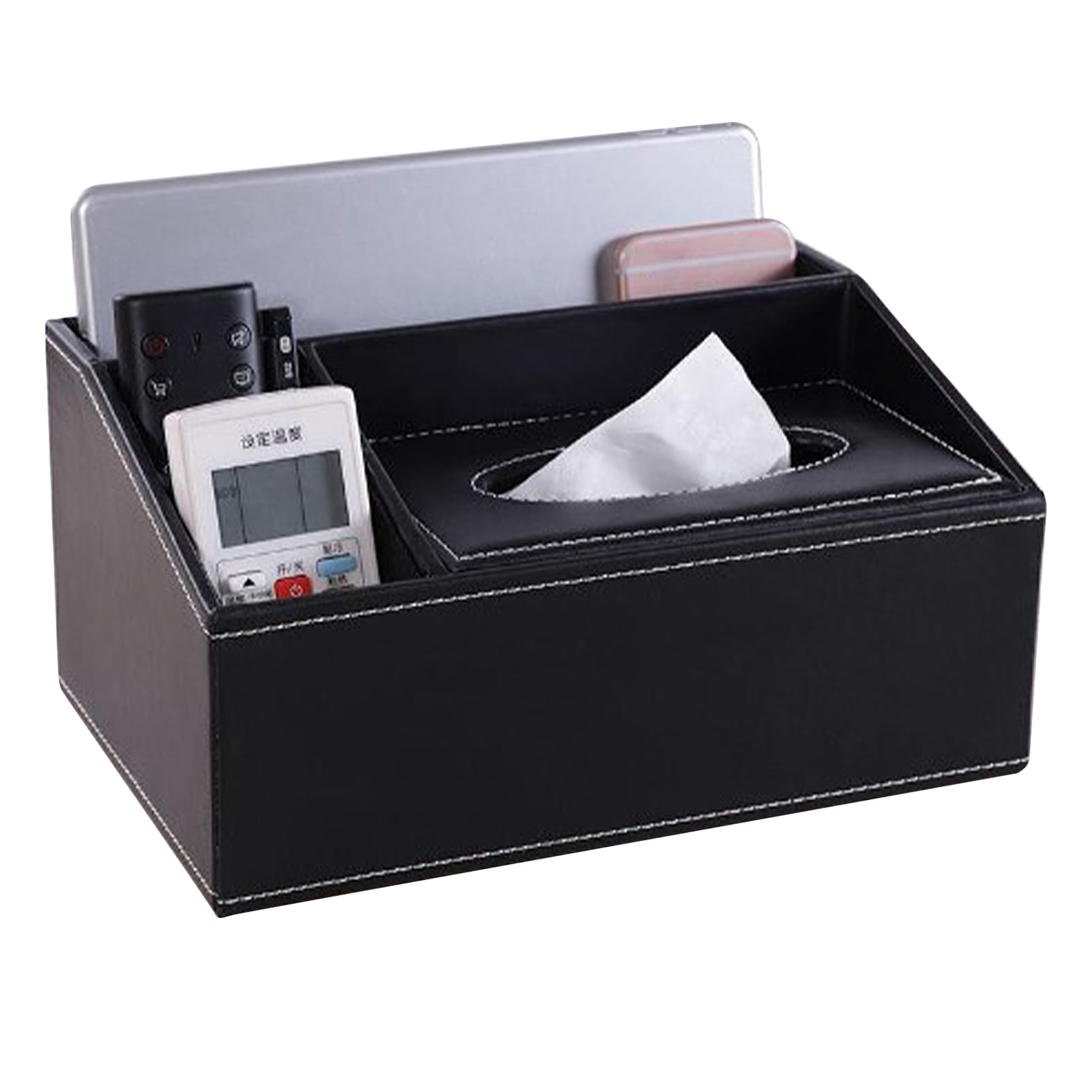Multifunction Tissue Box Black Multiple Compartments Durable PU Leather ...