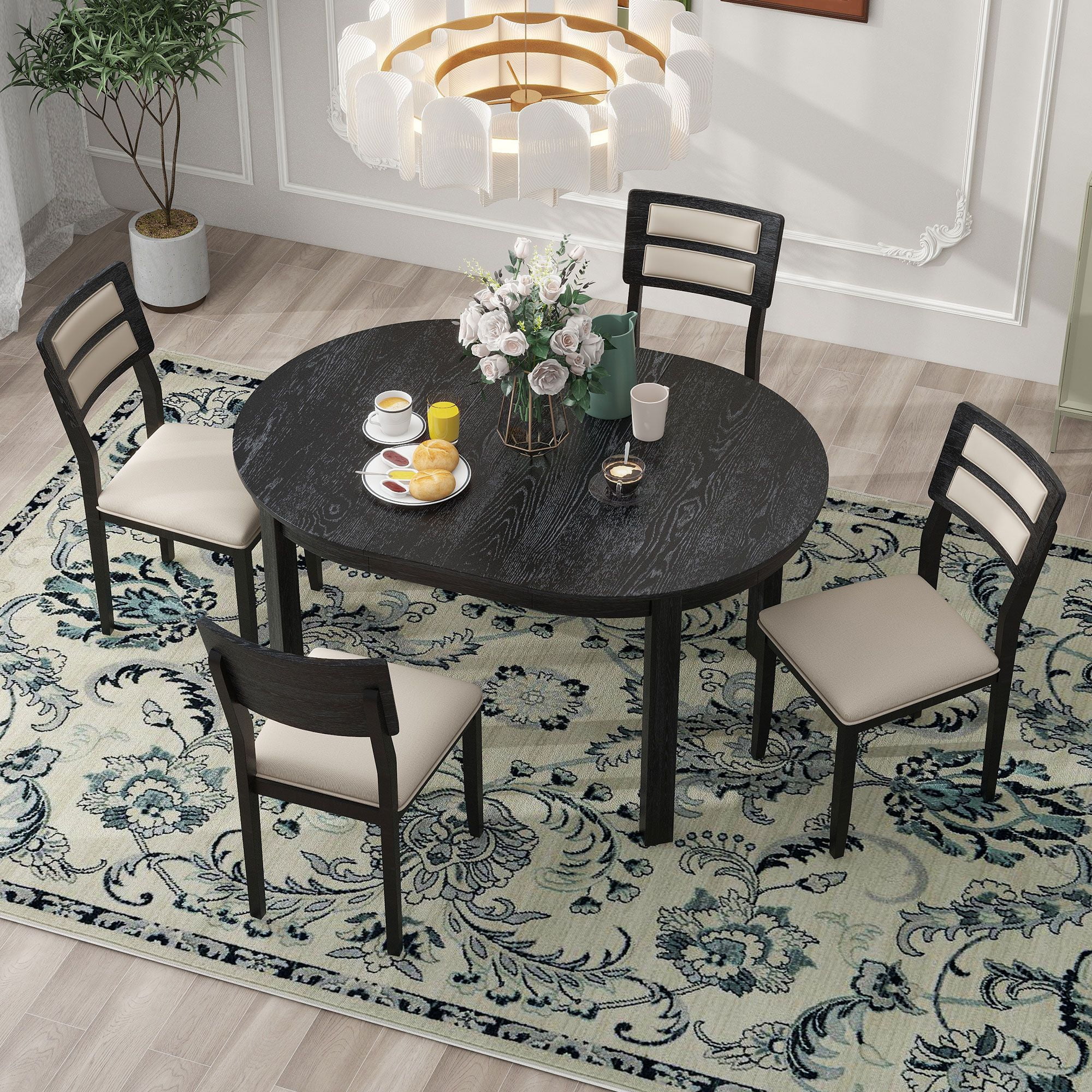 Multifunctional Dining Table Set with Extendable Round Table, 5 Piece ...