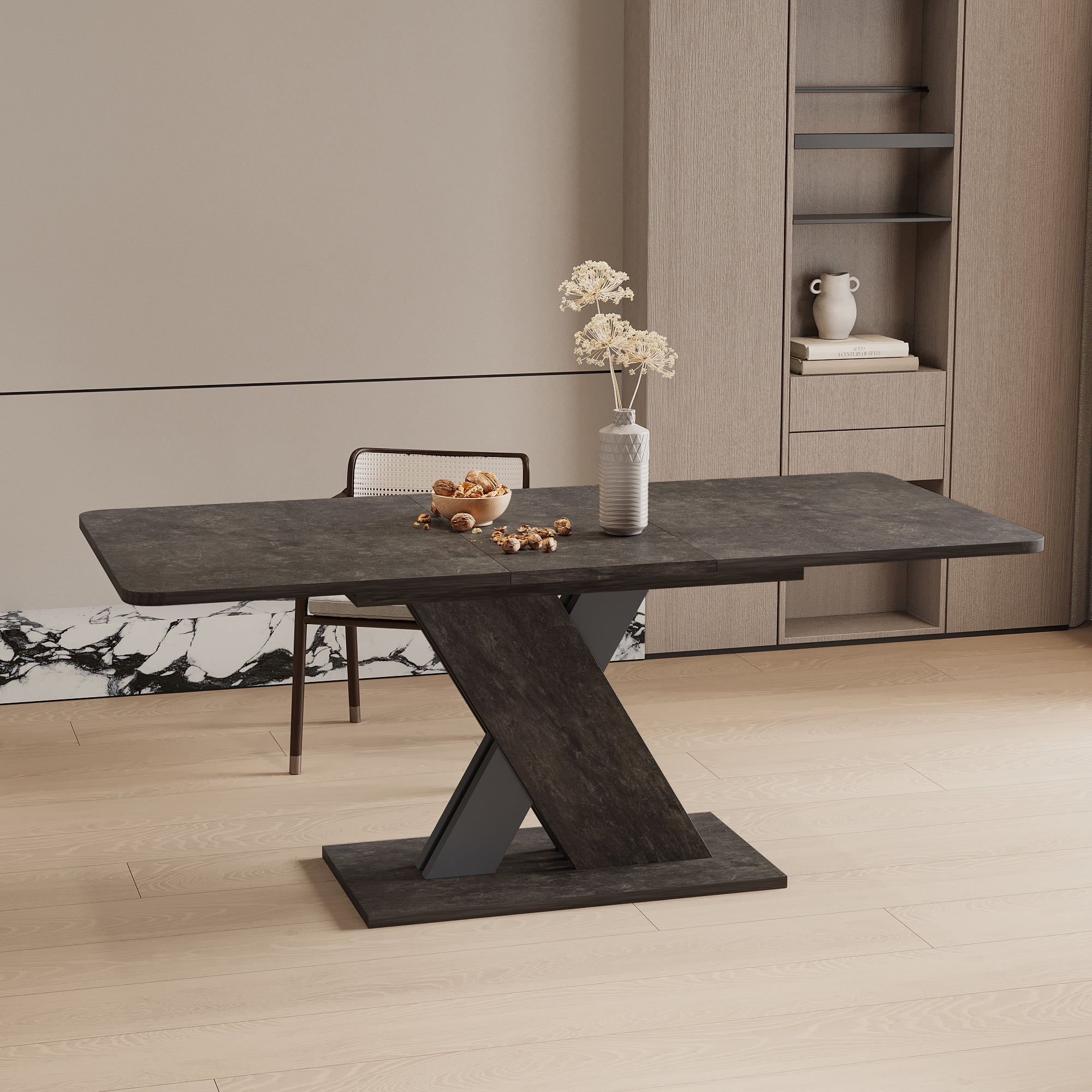 Multifunctional Extendable Dining Table with Staggered X-Shaped Base ...
