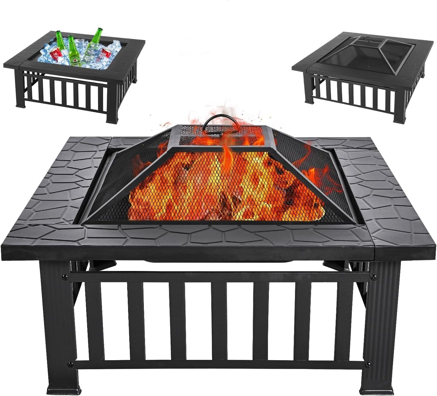 Multifunctional Fire Pit Table 32 inch Square Metal Firepit Stove Backyard Patio Garden ...
