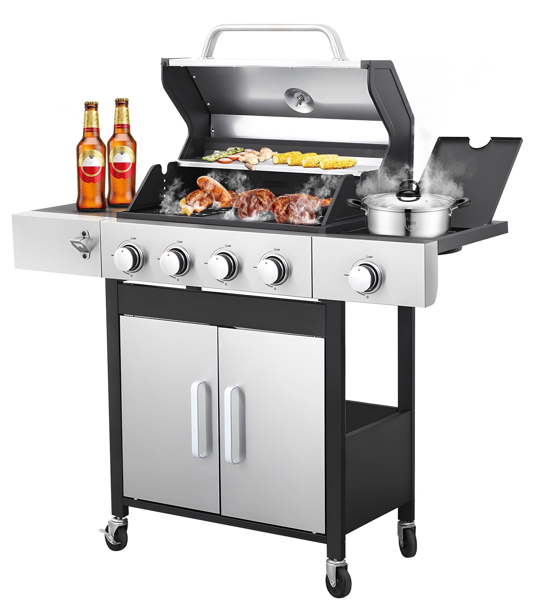 Multifunctional Gas Grill w/Side Burner, Stainless Steel 4-Burner ...