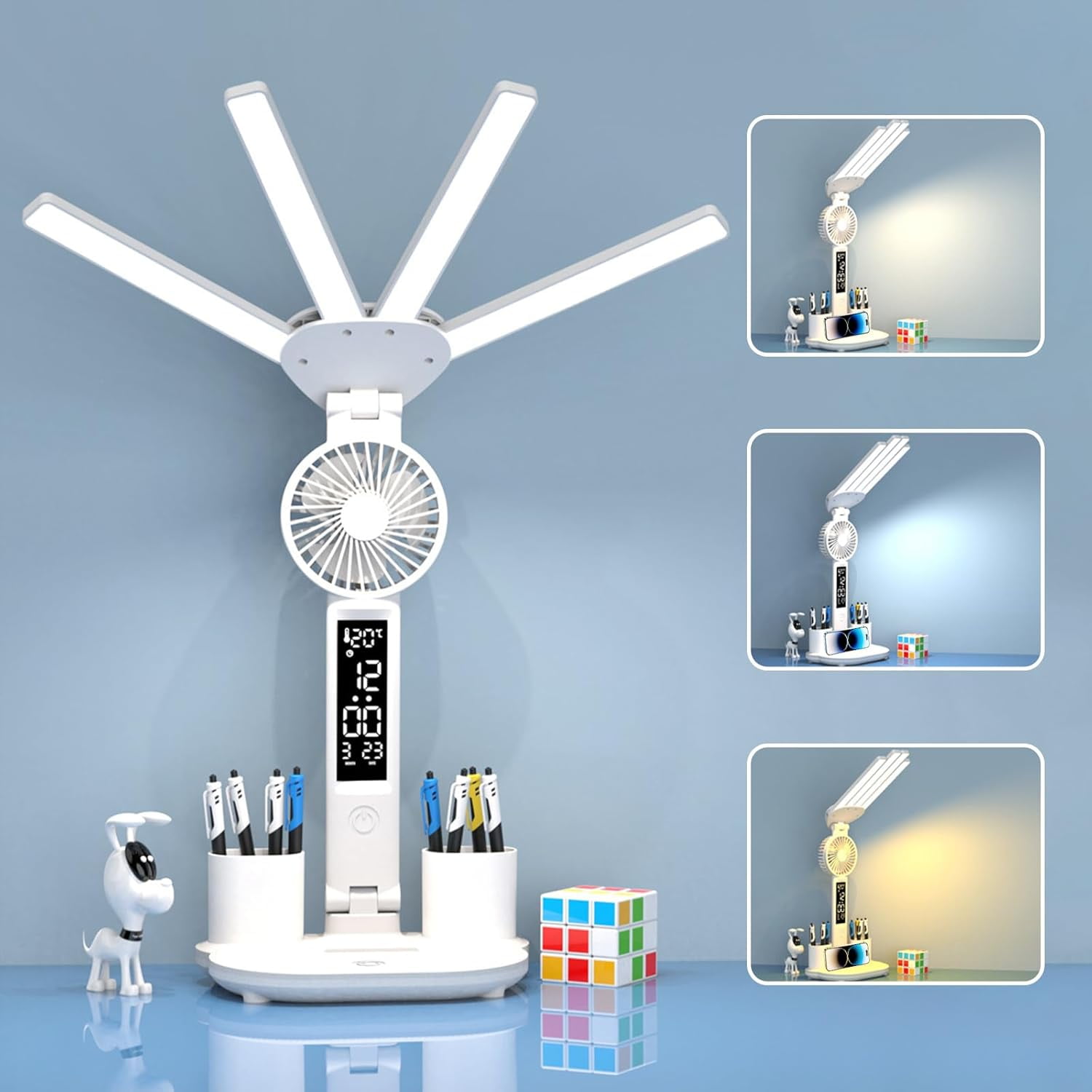 Multifunctional LED Desk Lamp with Fans, Desk Night Lamp with Clock ...