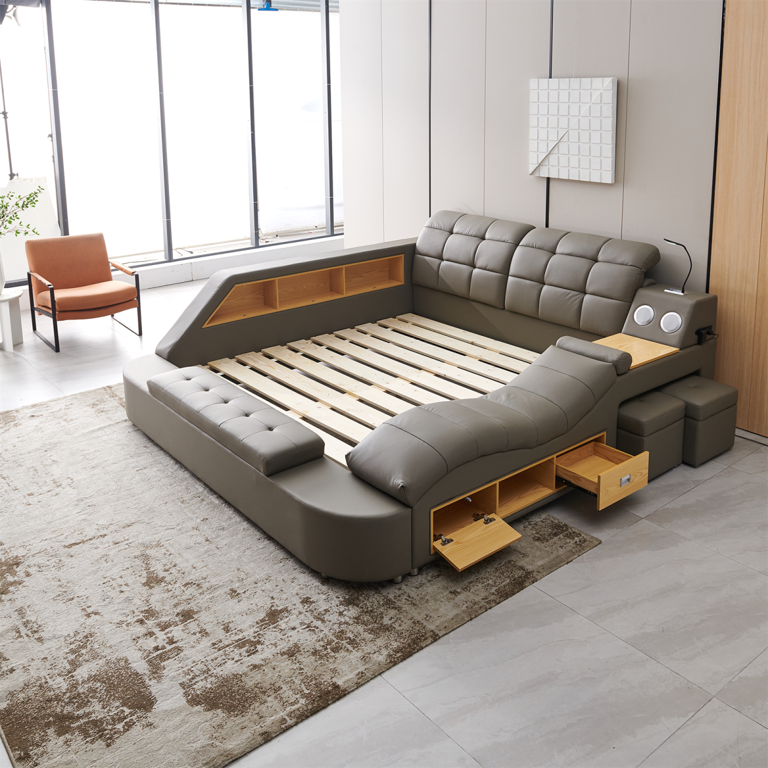 Leather King Bed with Speakers USB Lighting Massage Lounge Storage Gray 101 X104 Walmart