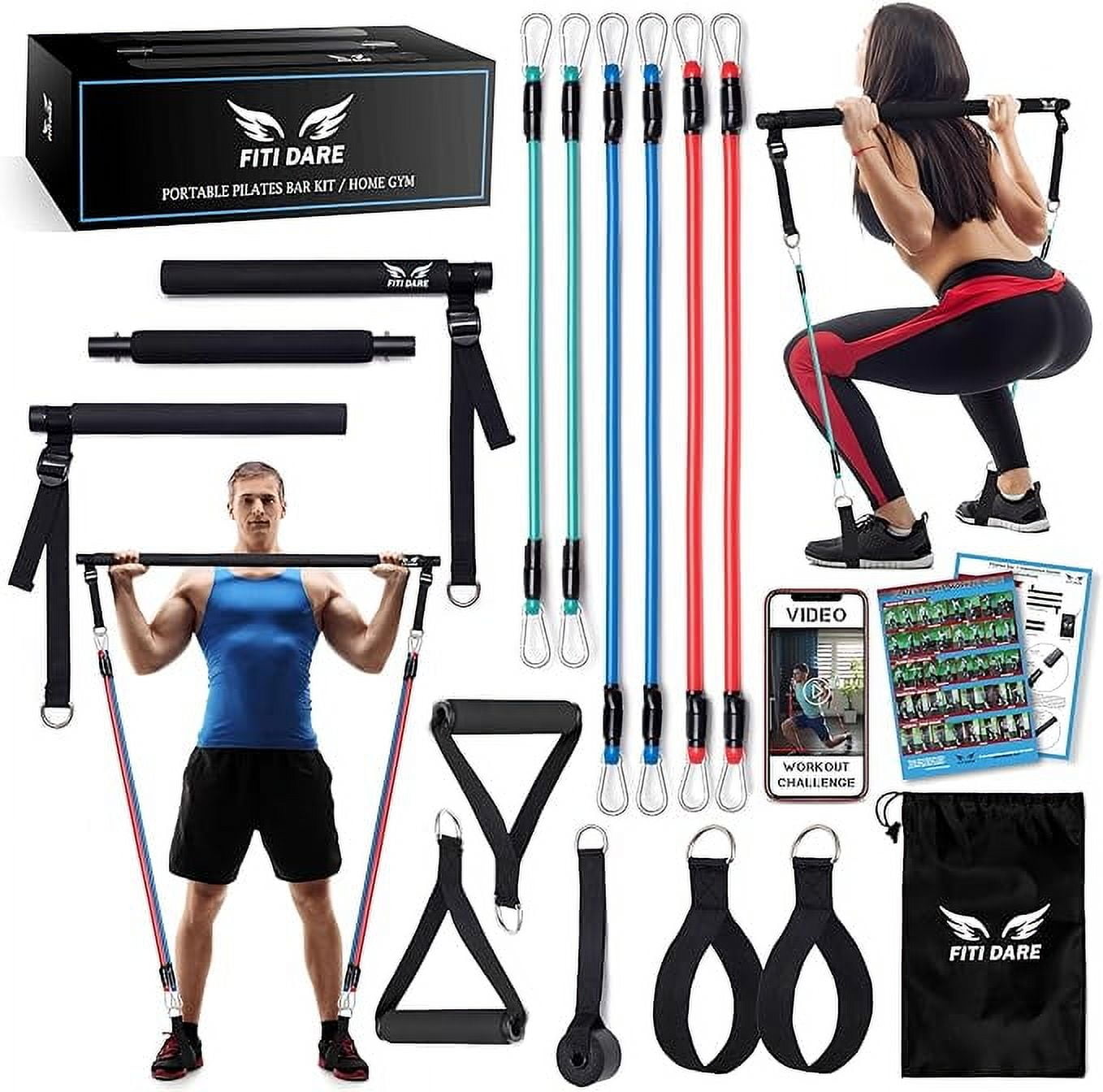 Multifunctional Pilates Bar Kit with Resistance Bands (25,30,35lb) and ...