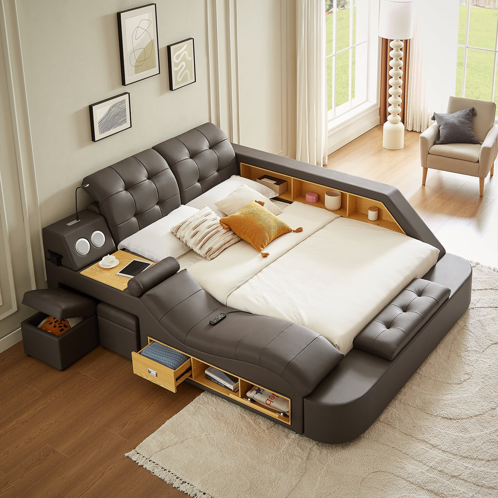 Multifunctional Queen Bed Frame, Upholstered Platform with Storage ...