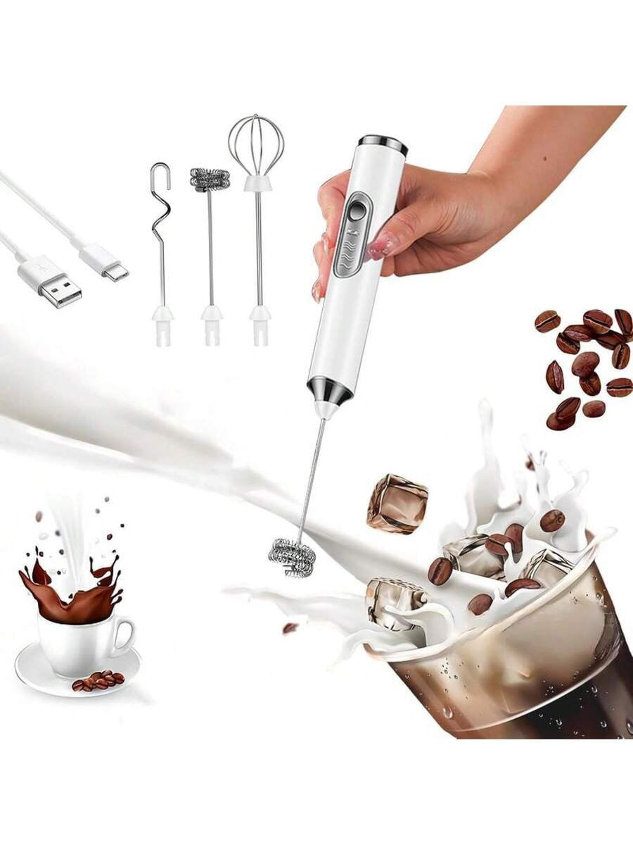 Multifunctional Rechargeable Handheld Milk Frother - 3 Detachable Whisk ...