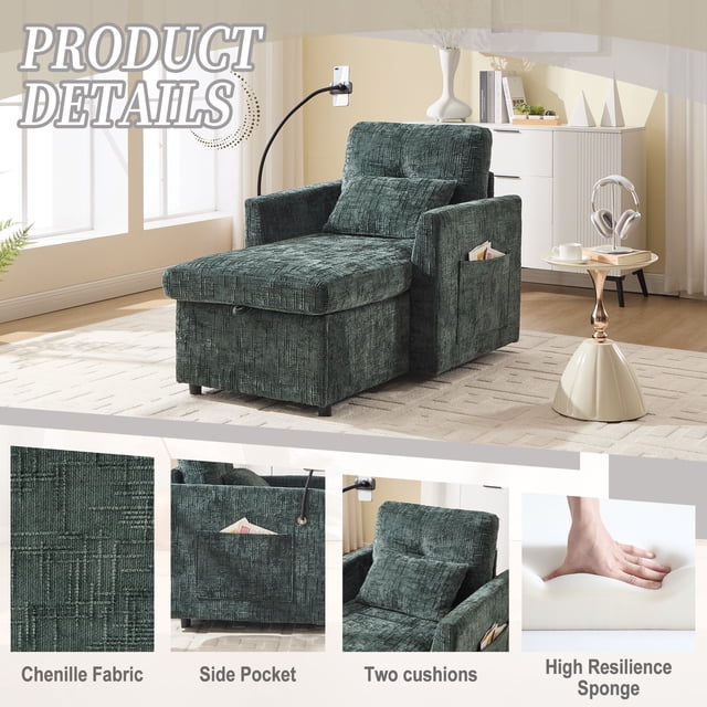 Multifunctional Recliner Sofa Chair - Emerald Chenille with Storage ...