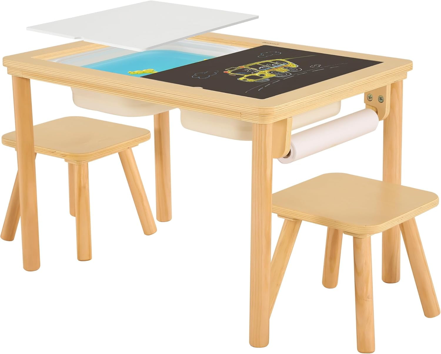 Multifunctional Sensory Table with 2 Chairs & Paper Roll, Wooden Sand ...