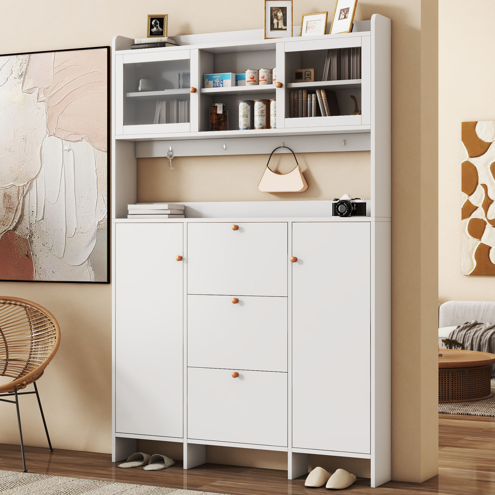 Multifunctional Shoe Cabinet, Wood Storage Shelf & 3 Flip Drawers ...
