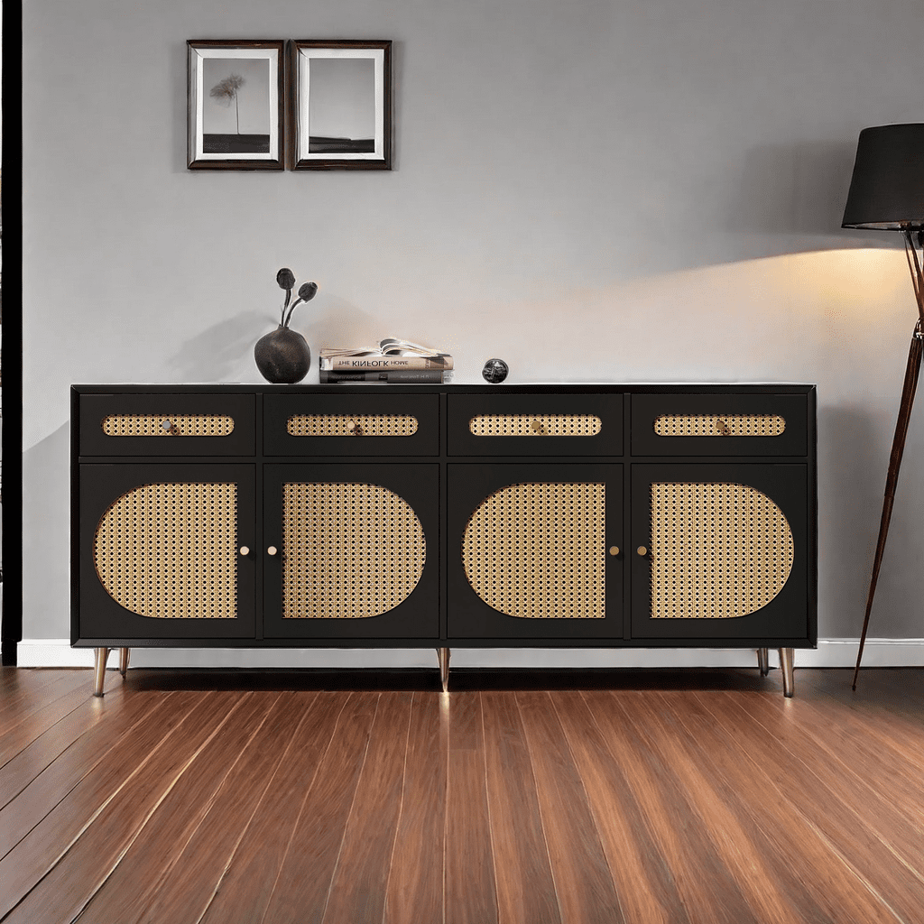 Multifunctional TV Stand with Rattan Door, Woven Media Console Table ...