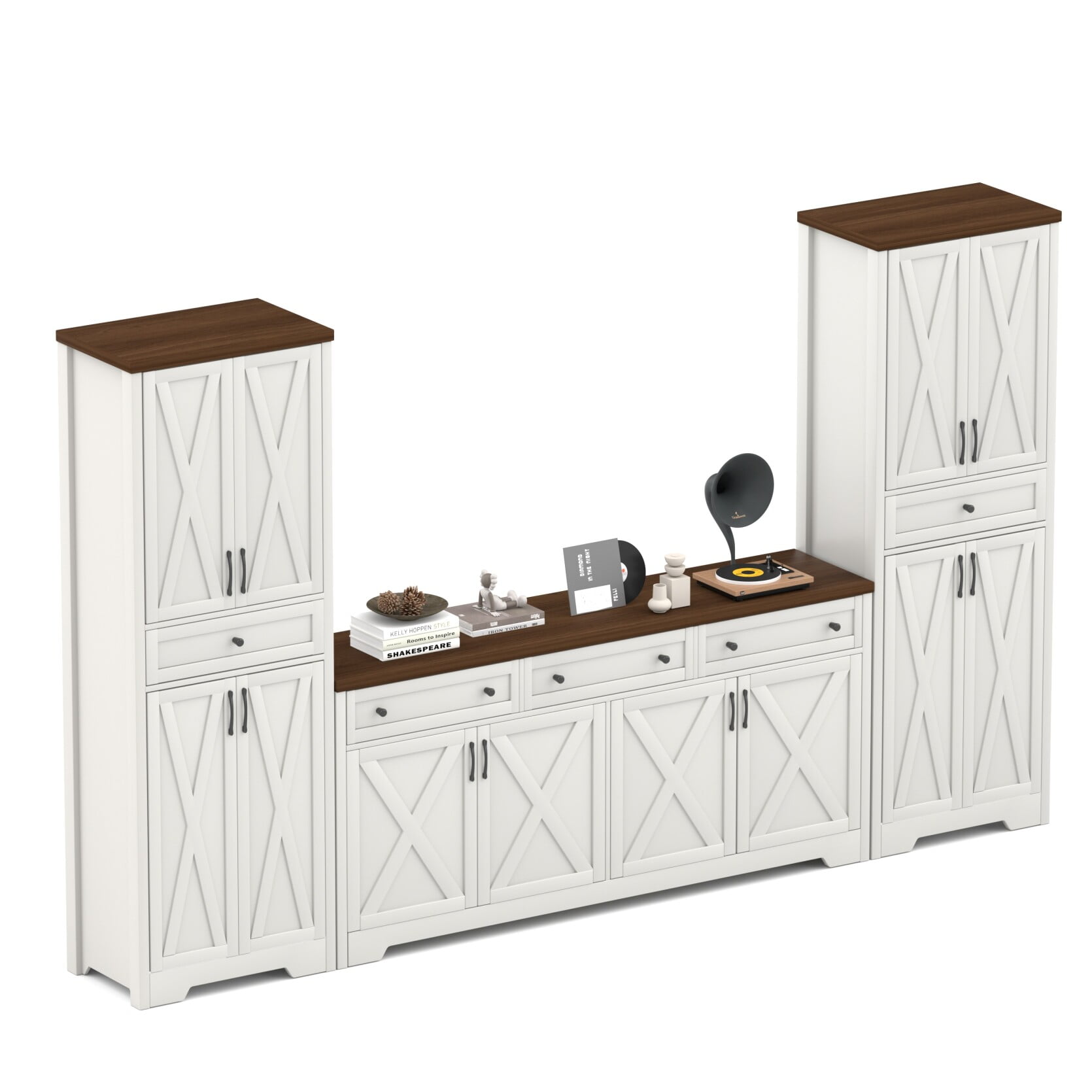 Multifunctional TV Wall Unit with Storage, White and Walnut ...