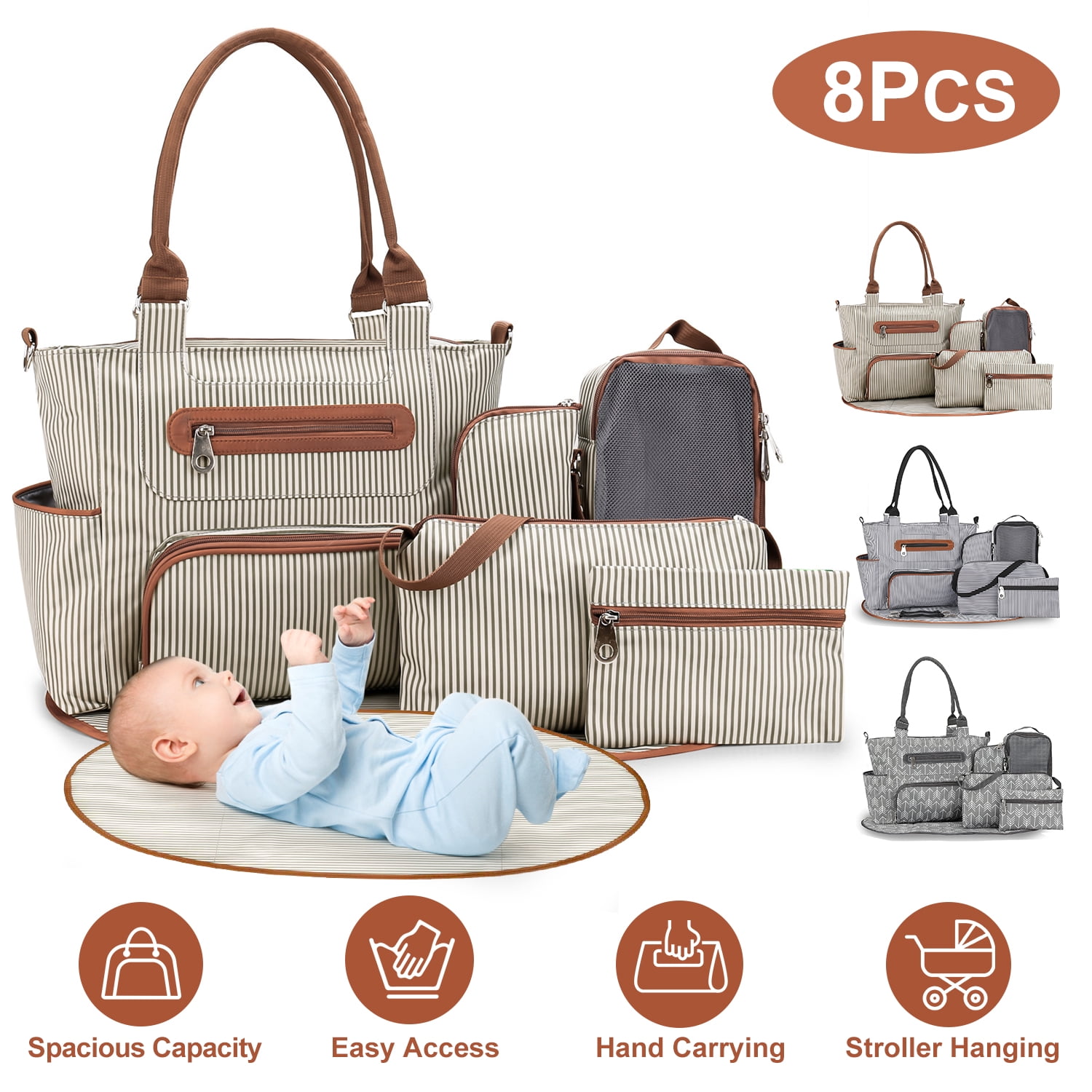 TeqHome Travel Diaper Bag Tote for Baby Care 8Pcs Multifunction Baby ...