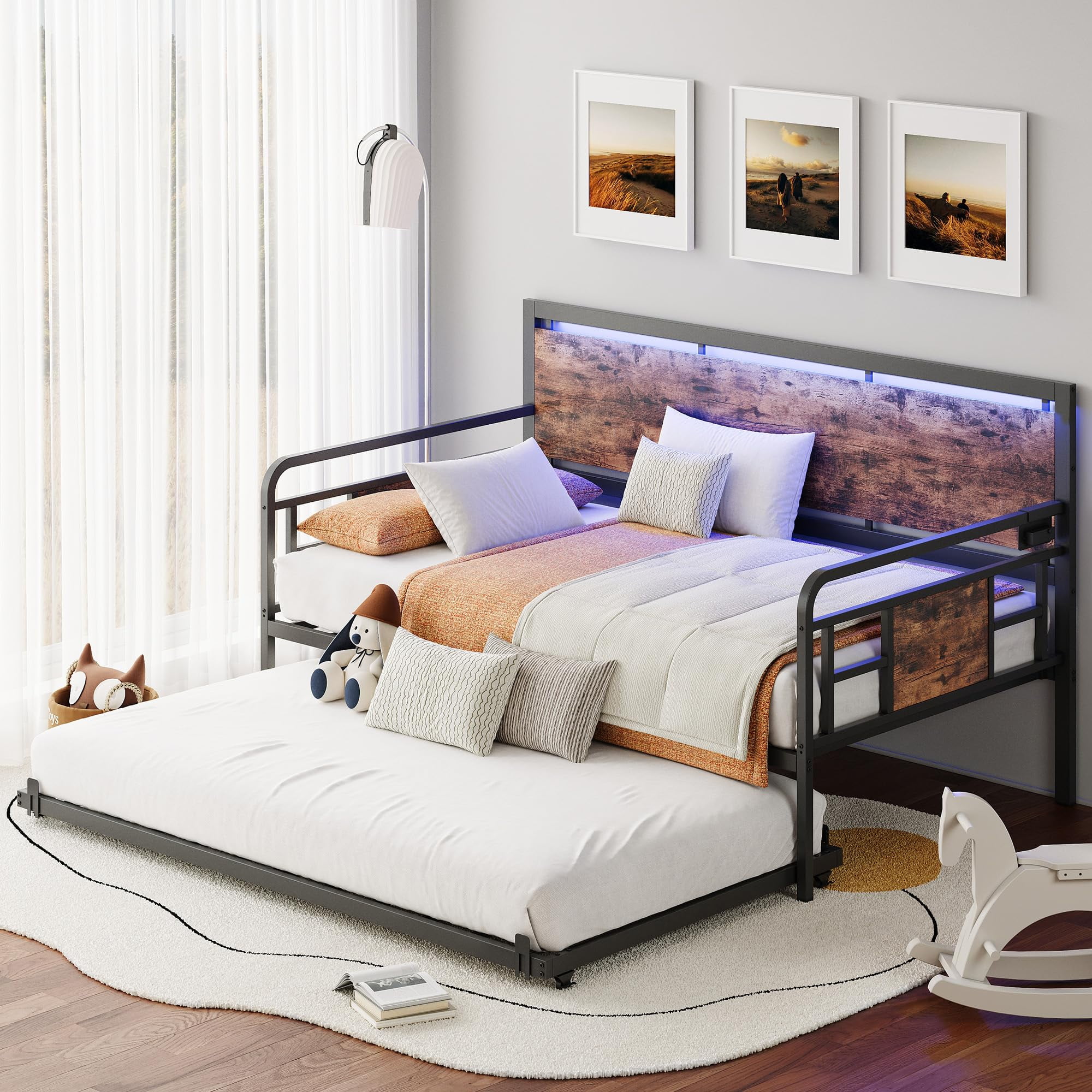 Multifunctional Twin Daybed with Rolling Trundle, Wood Metal Hybrid ...