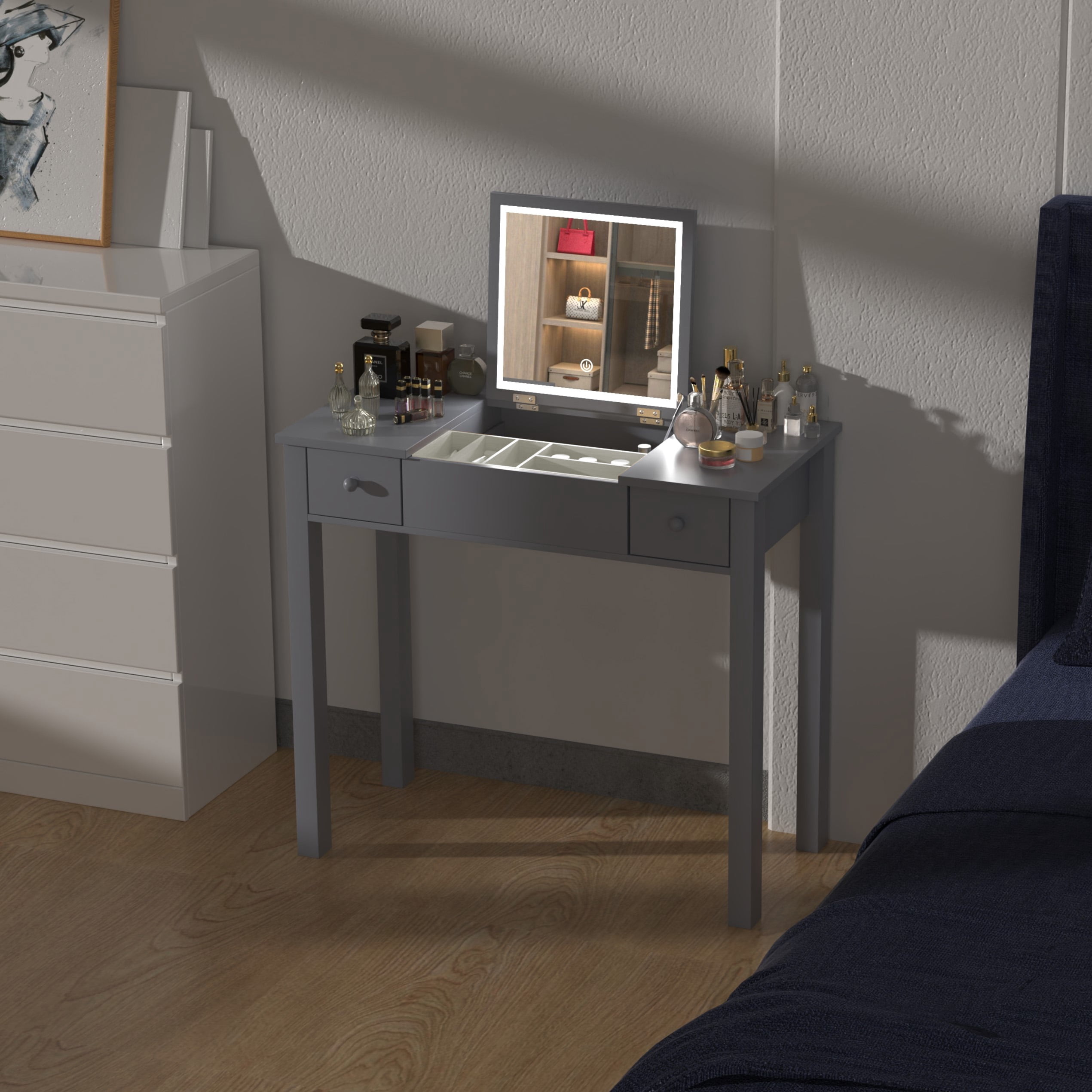 Multifunctional Vanity Desk with 3-Level Lighting, Flip-top Mirror, 2 ...