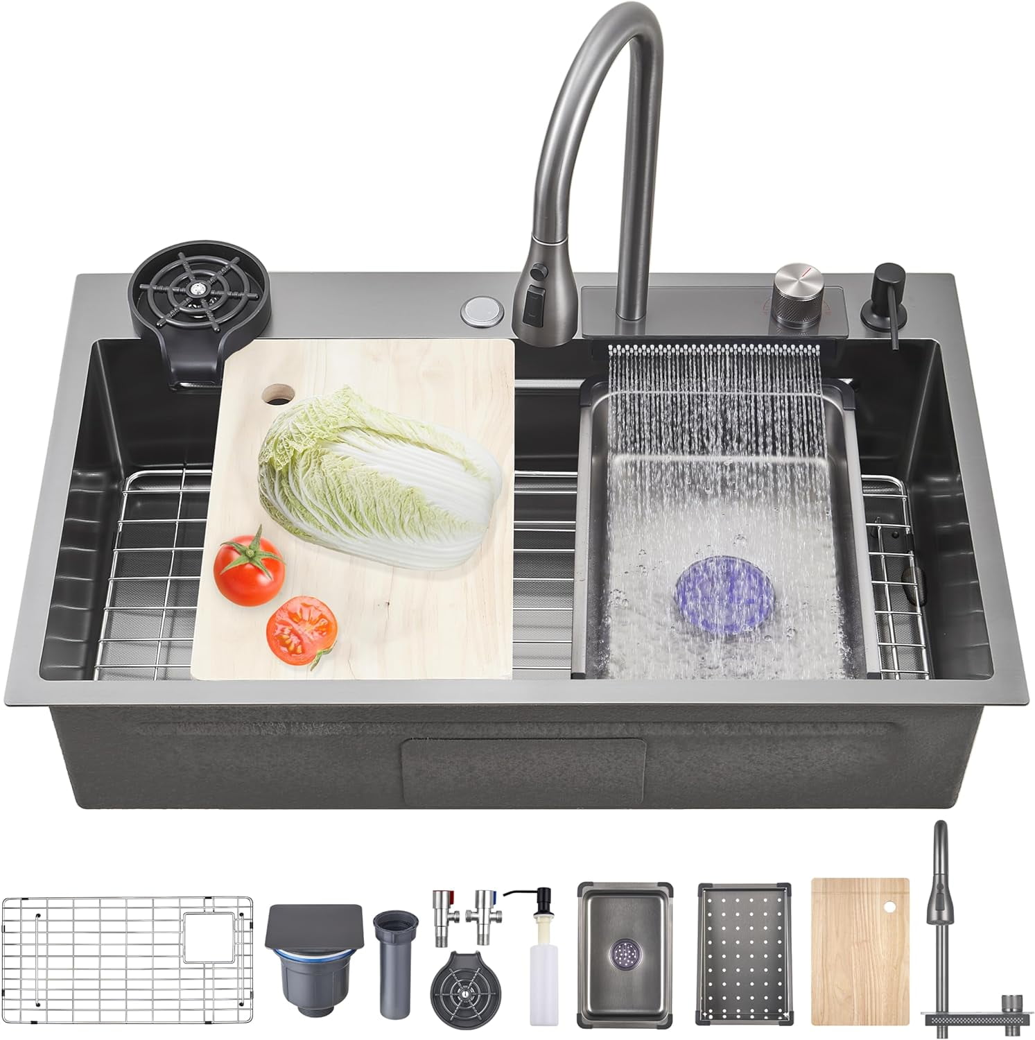 Multifunctional Waterfall Kitchen Sink, 30"x20" Single Bowl Stainless ...