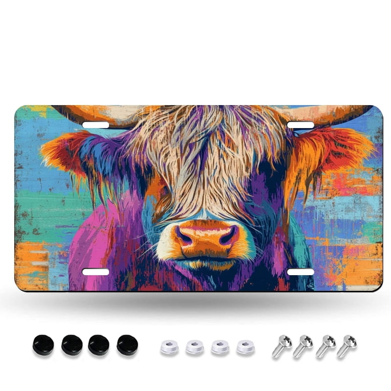 Multihued Highland Cow with Curved Horns License Plate Frame ...