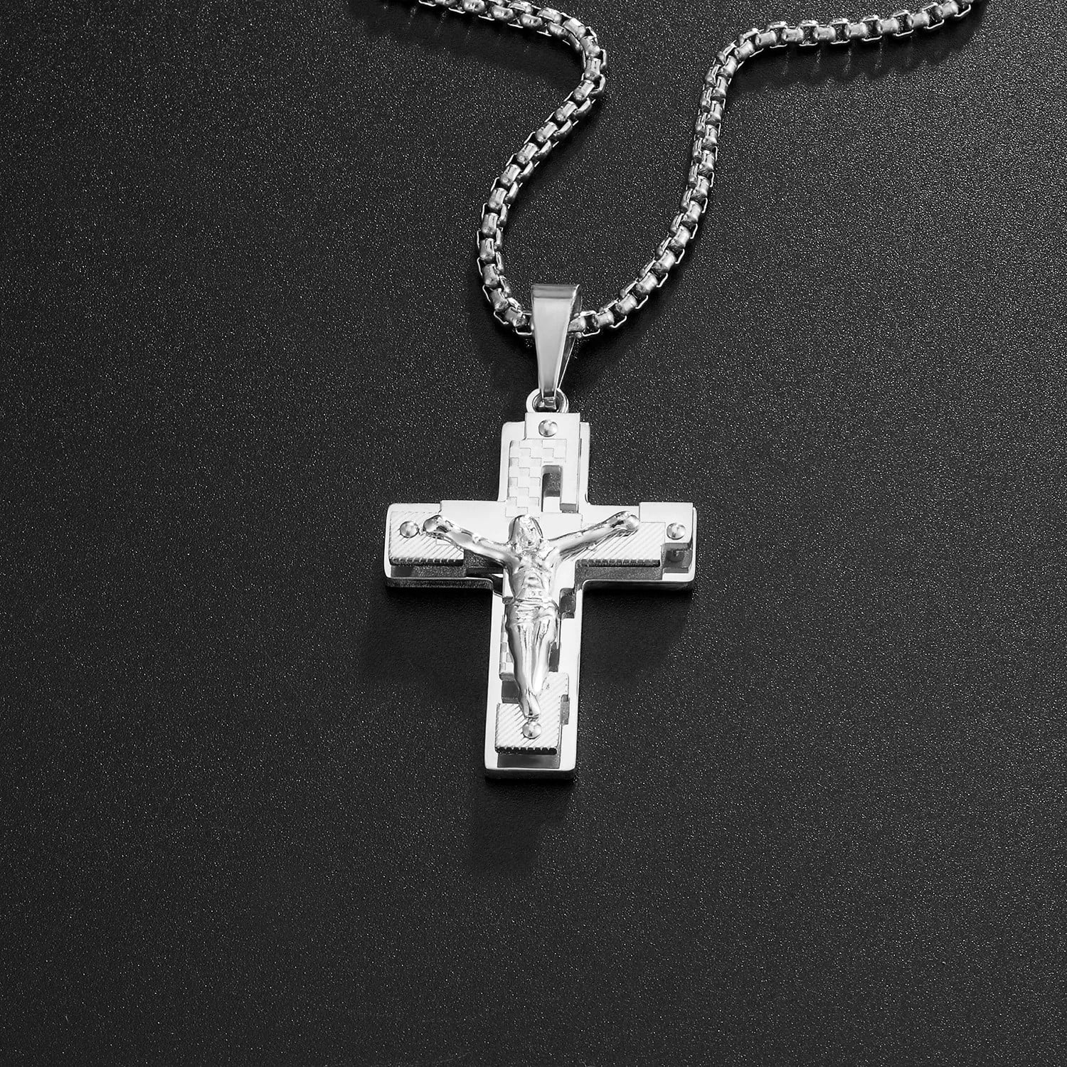 Multilayer Cross Christ Jesus Pendant Necklace 14K Yellow Gold Link Box ...