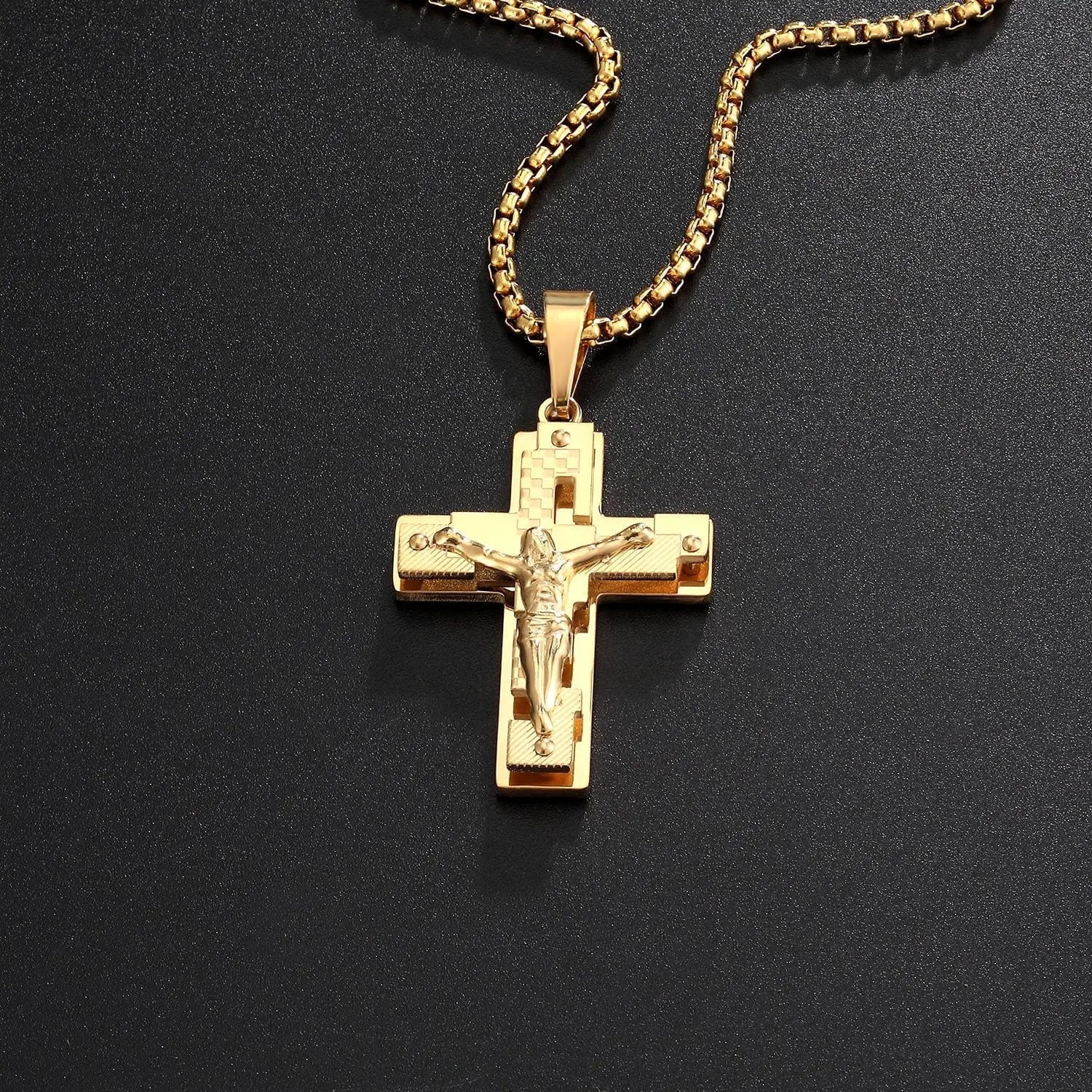 Multilayer Cross Christ Jesus Pendant Necklace 14K Yellow Gold Link Box ...