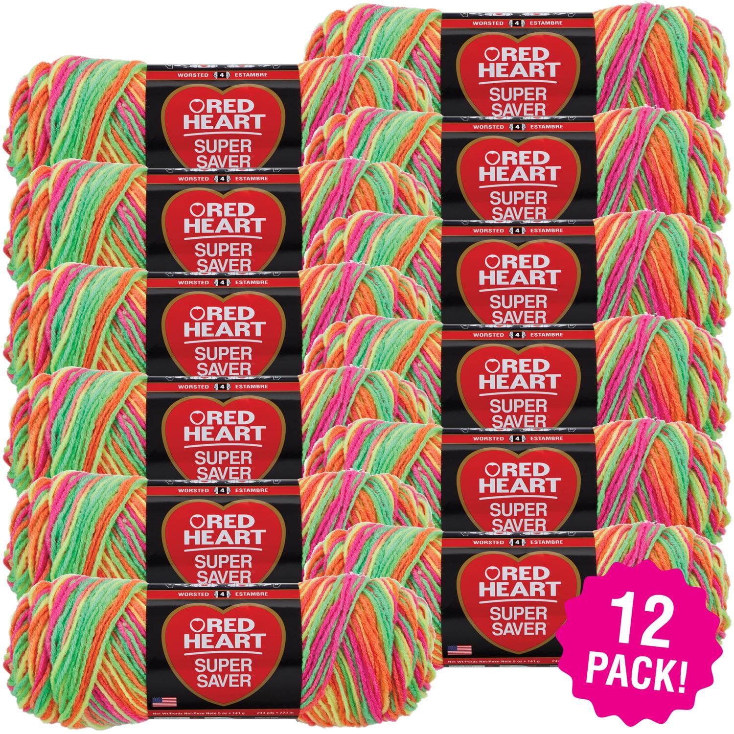 Red Heart Super Saver Yarn, Day Glow, Medium Weight, Acrylic, Multipack ...