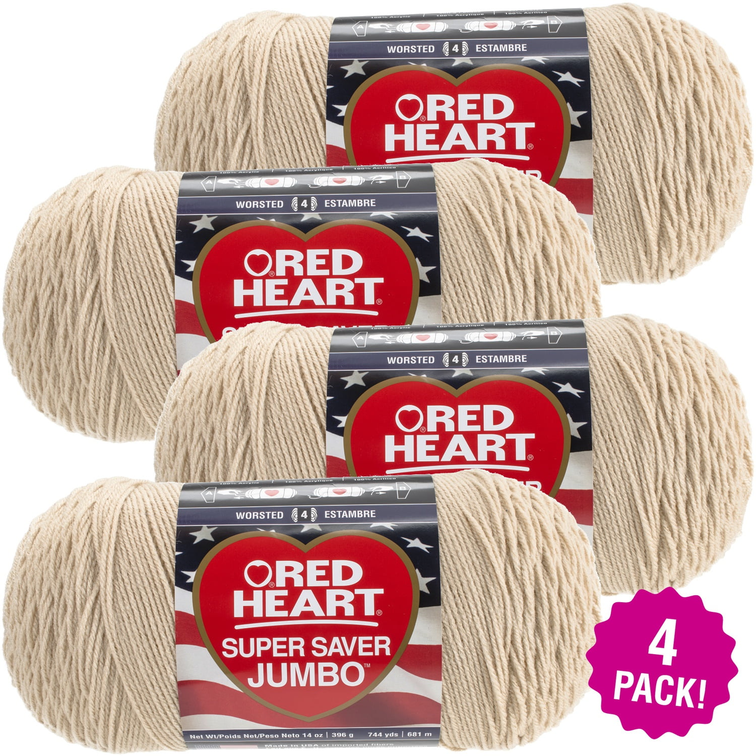 Multipack of 4 - Red Heart Super Saver Jumbo Yarn-Buff - Walmart.com